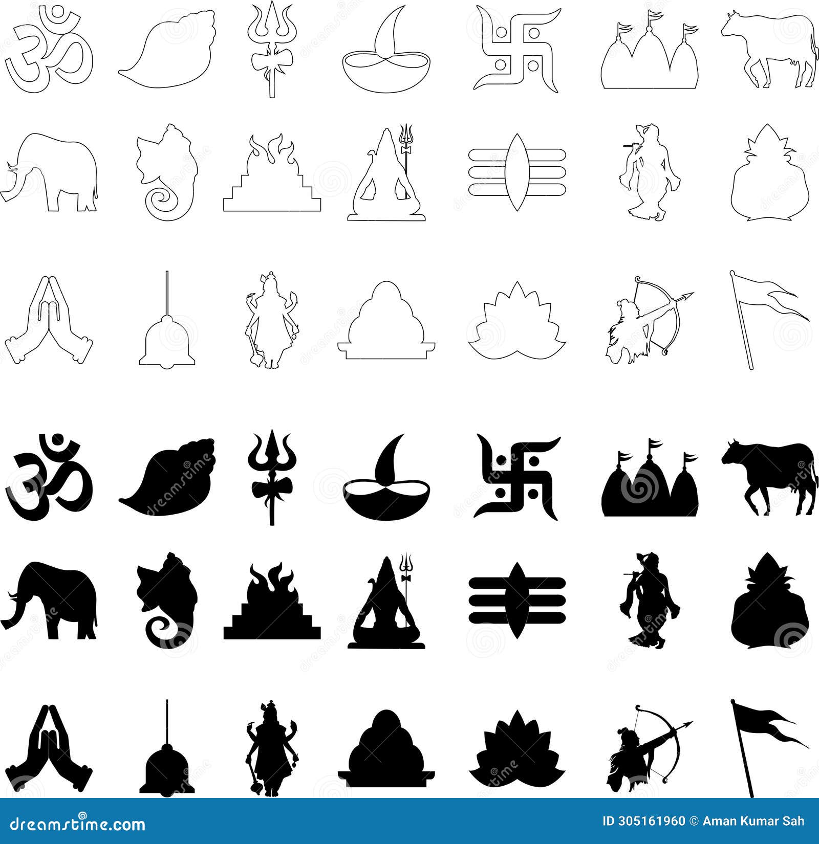 Hindu Icon Set with Outline and Silhouettes Stock Vector - Illustration ...