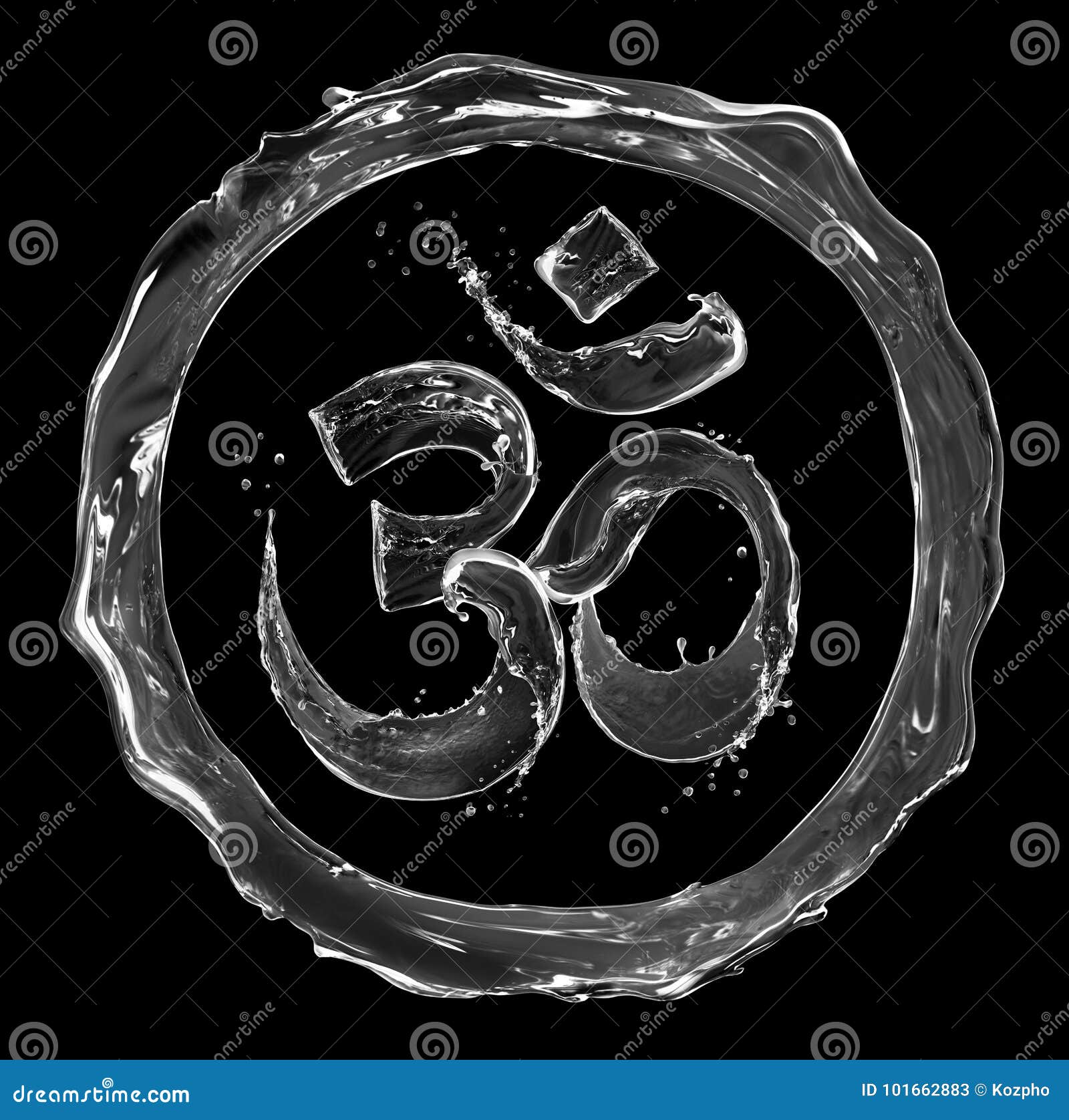 Hindu Sign Om Made of Water Splashes on Black Background Stock ...