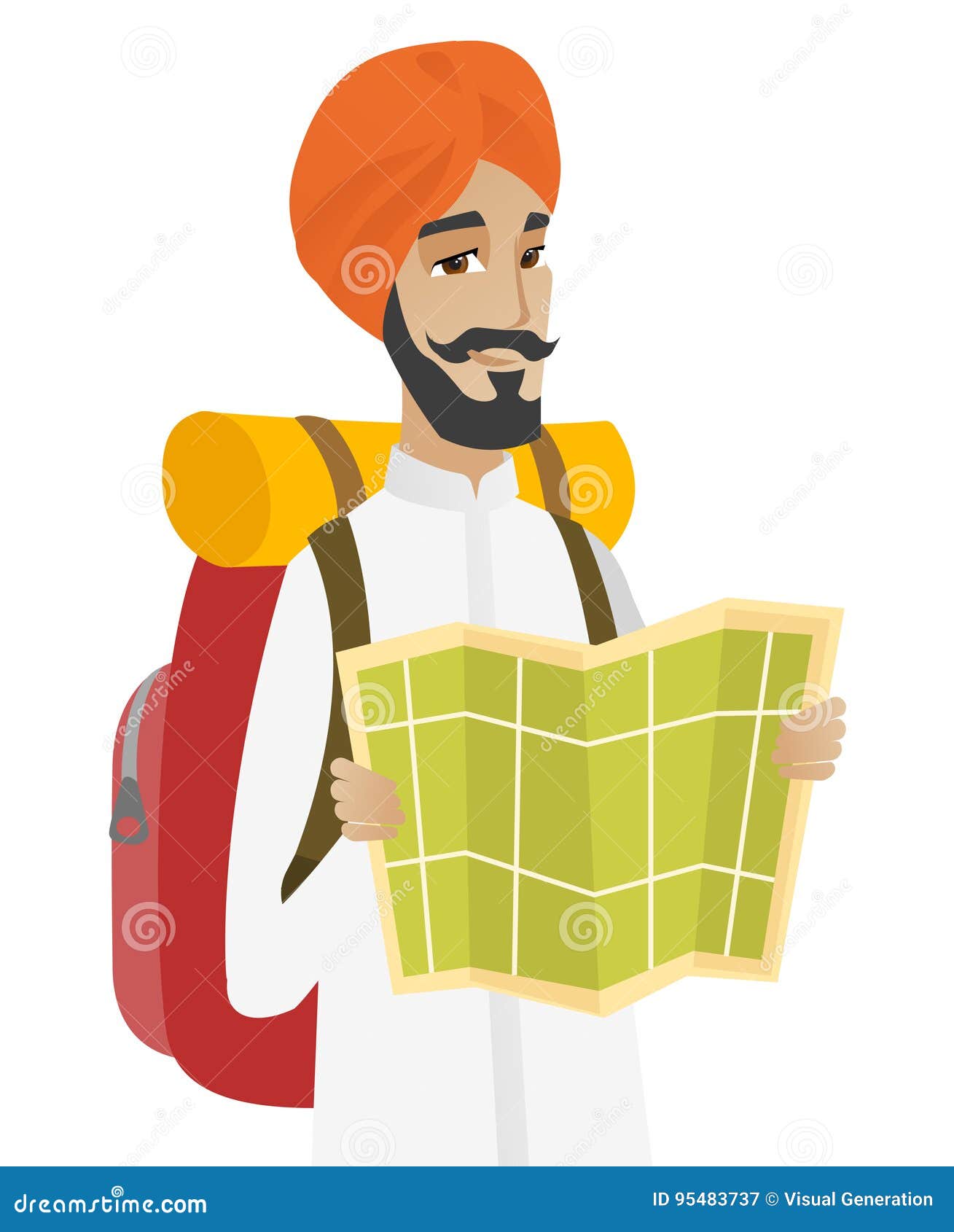 Hindu Traveler With Backpack Looking At Map. Cartoon Vector ...