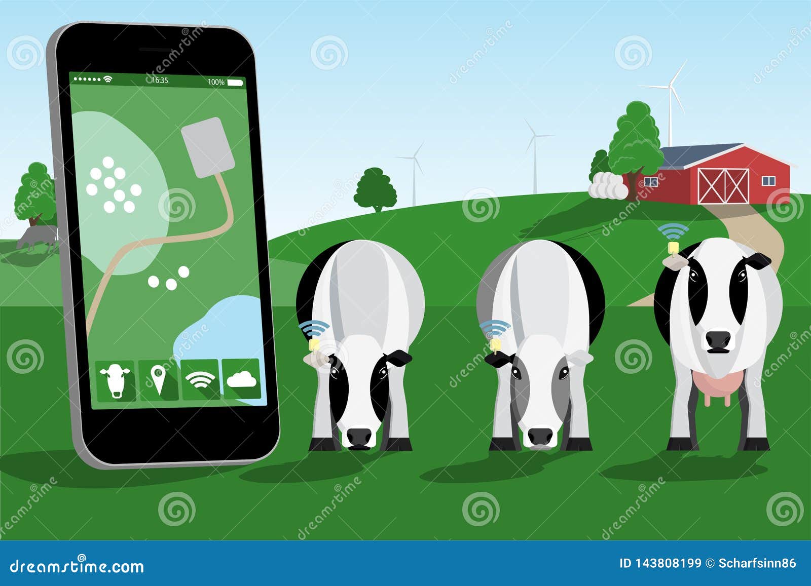 Smart Cows Farm, Smartphone With Wi-Fi And Cow, Logo Template. Animal ...