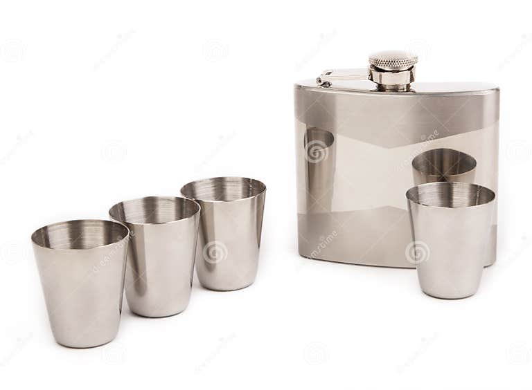 Hip flask with cups stock image. Image of alcohol, chrome - 15708035