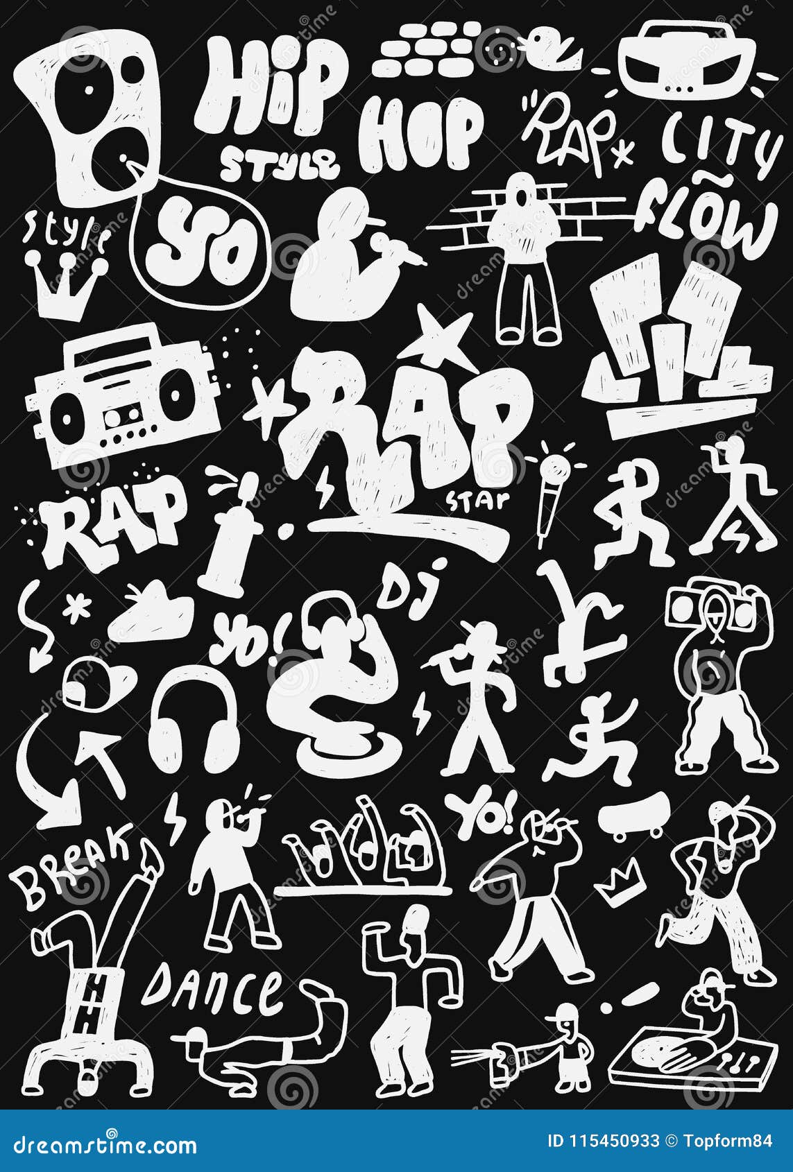 Hip - hop , rap doodles stock vector. Illustration of character - 115450933
