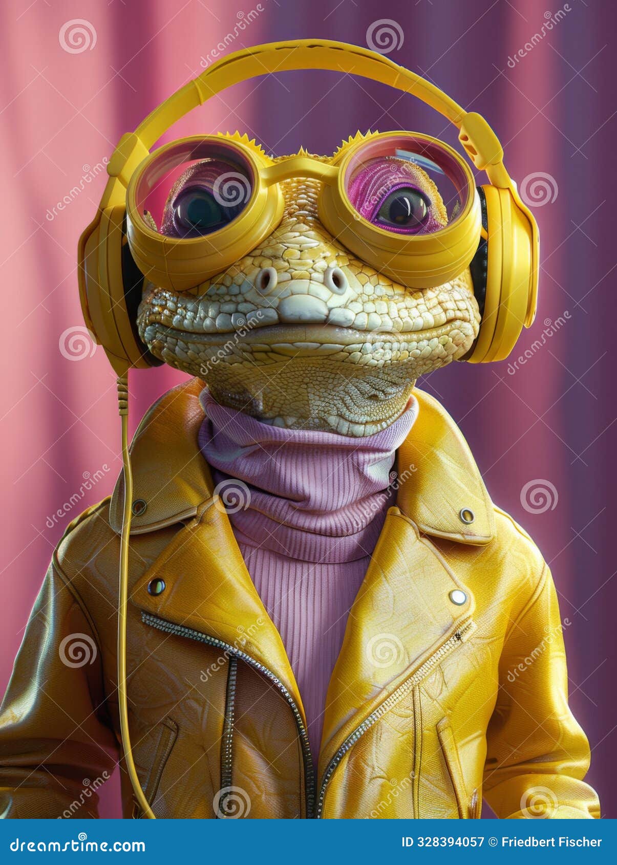 Hip Lizard in Leather Jacket with Headphones and Glasses on Orange ...