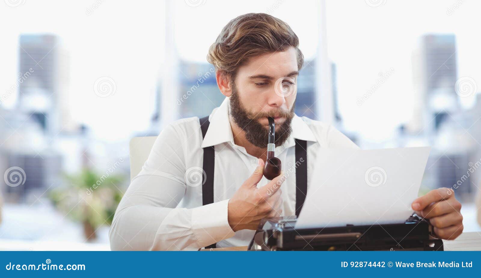 Hippie Businessman Smoking Pipe while Using Typewriter Stock Photo ...