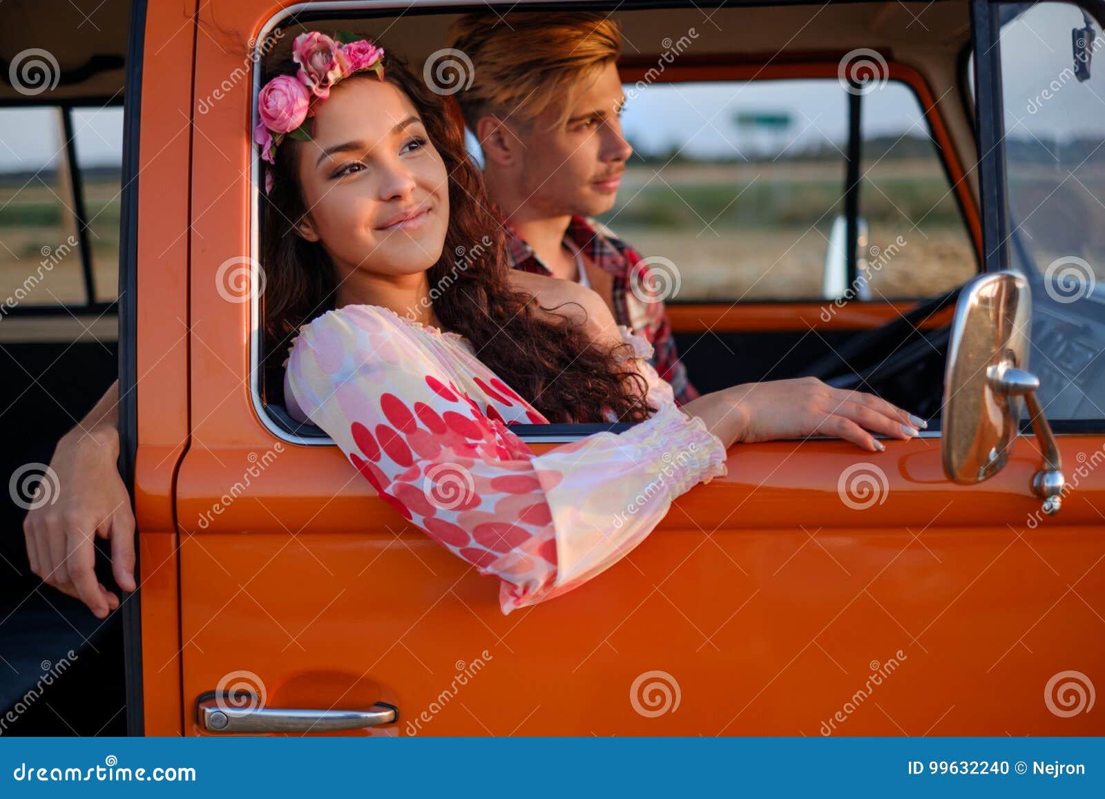 Hippie Couple in a Van on a Road Trip Stock Photo - Image of positive ...