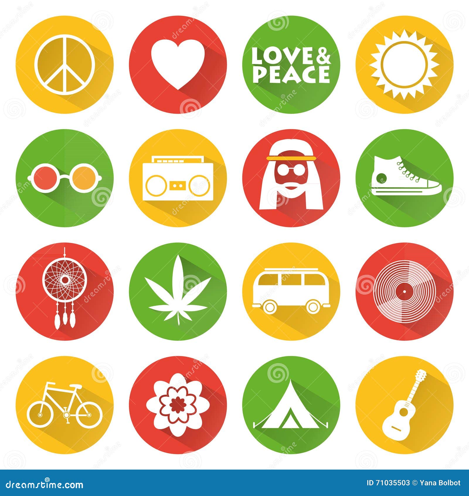 Hippie flat icons stock vector. Illustration of love - 71035503
