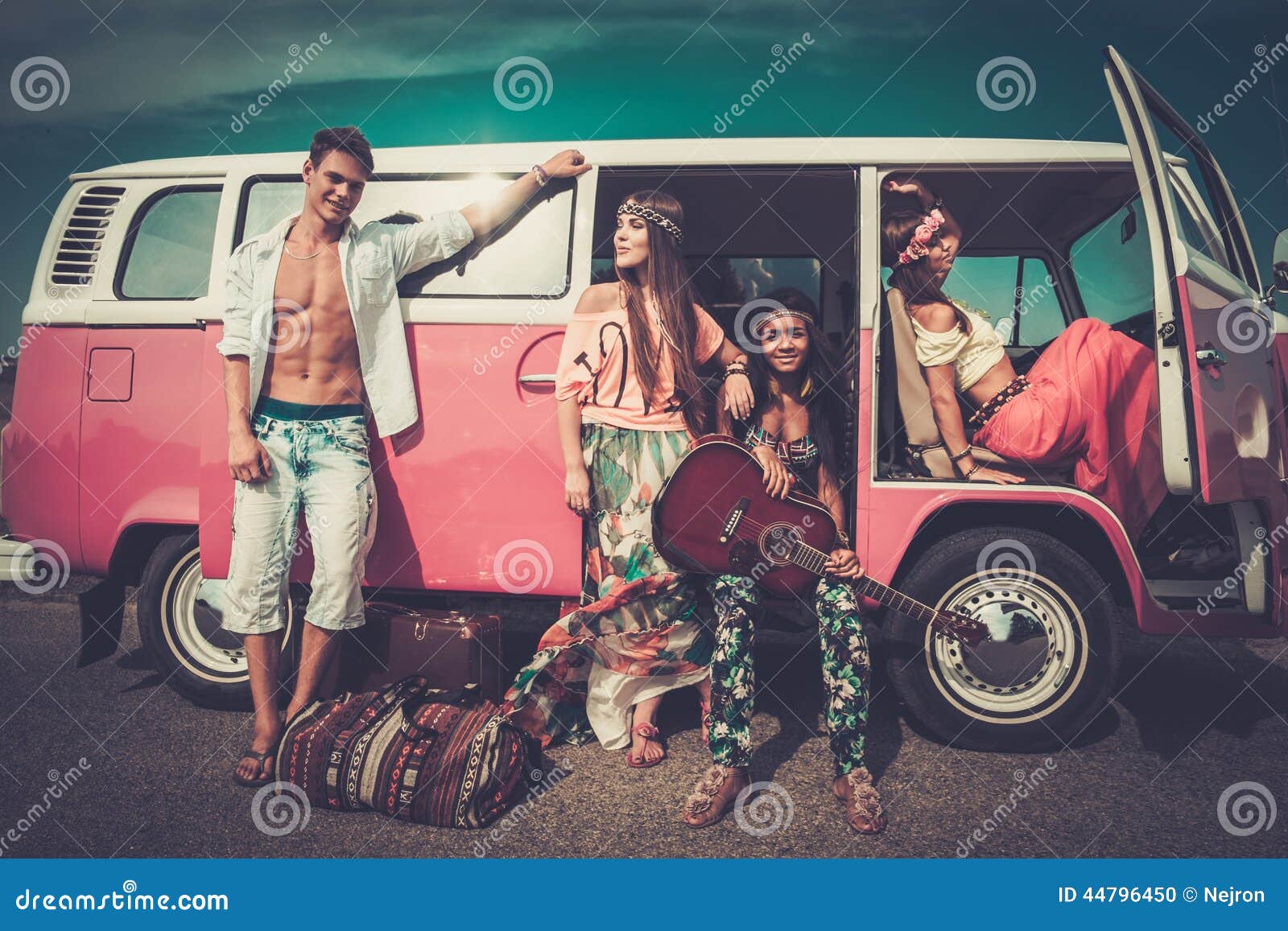 Hippie Friends on a Road Trip Stock Photo - Image of happy, minivan ...