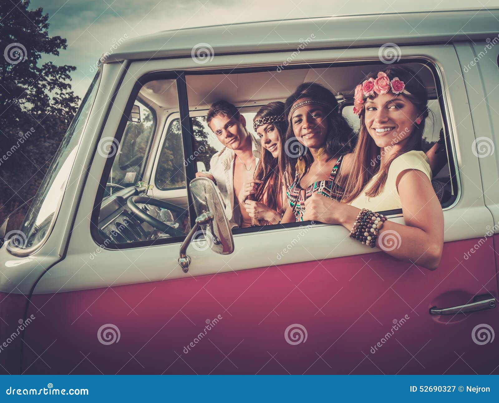 Hippie friends in a van stock image. Image of road, diversity - 52690327