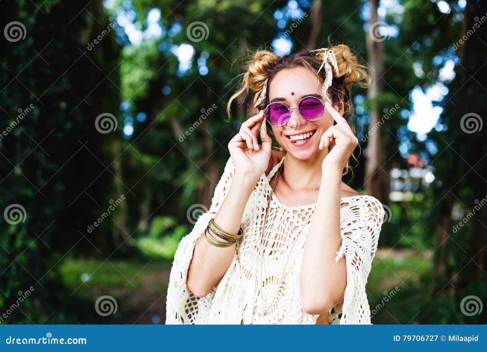 Hippie girl in the forest stock image. Image of emotion - 79706727