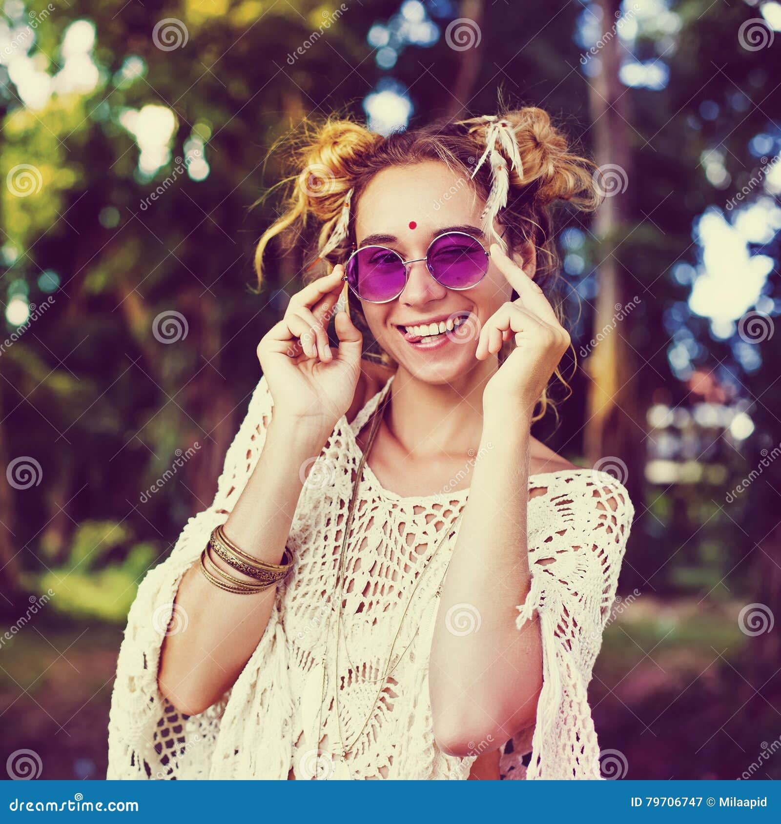 Hippie girl in the forest stock image. Image of bohemian - 79706747