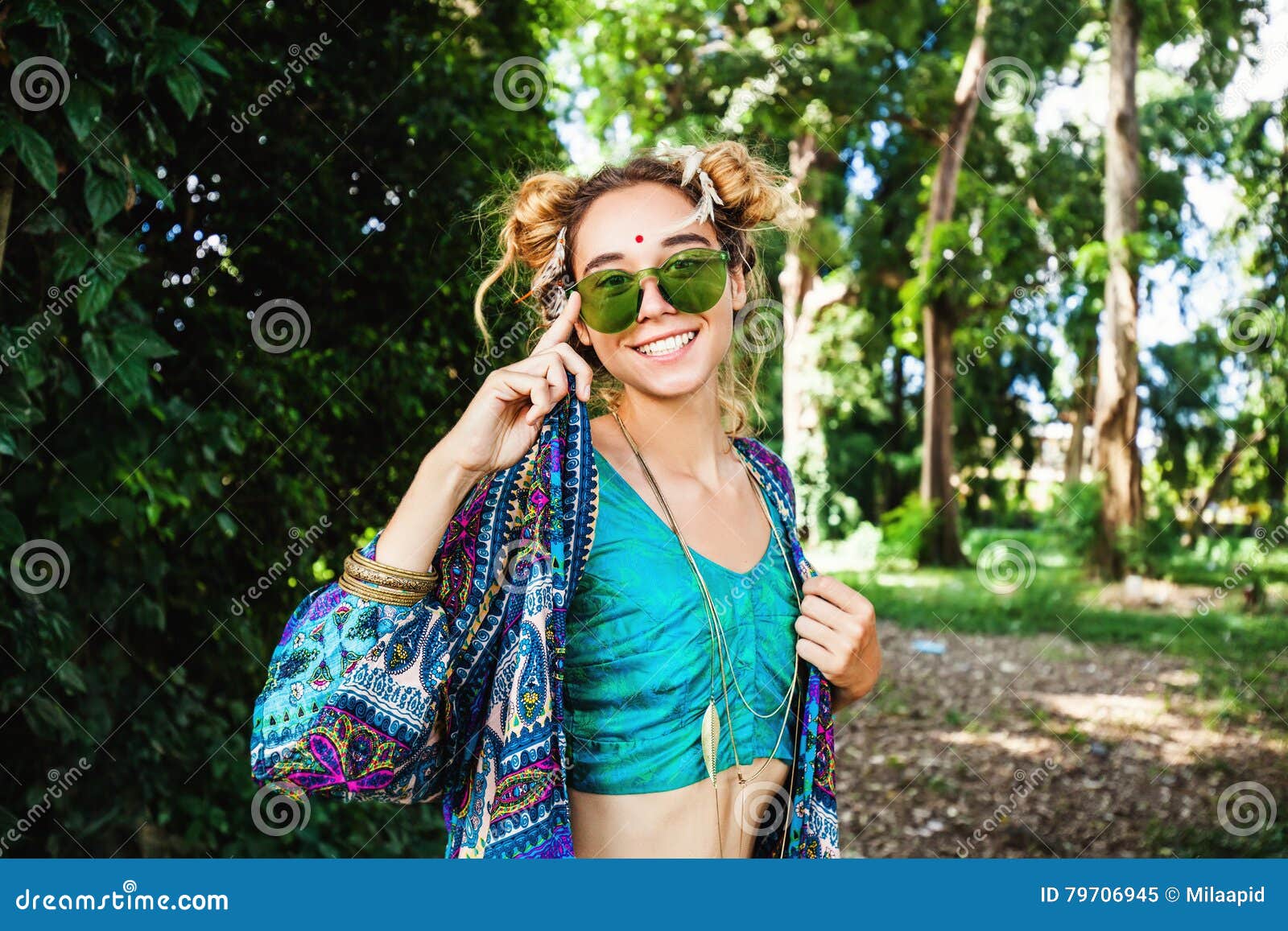 Hippie girl in the forest stock image. Image of clothes - 79706945