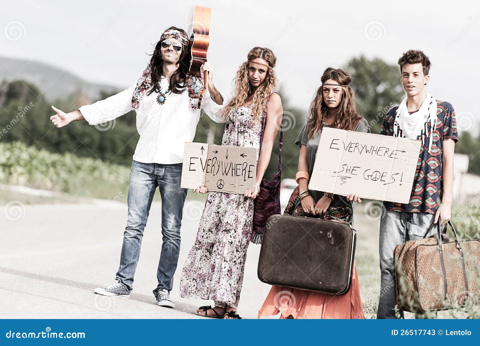 Hippie Group Hitchhiking on a Countryside Road Stock Image - Image of ...