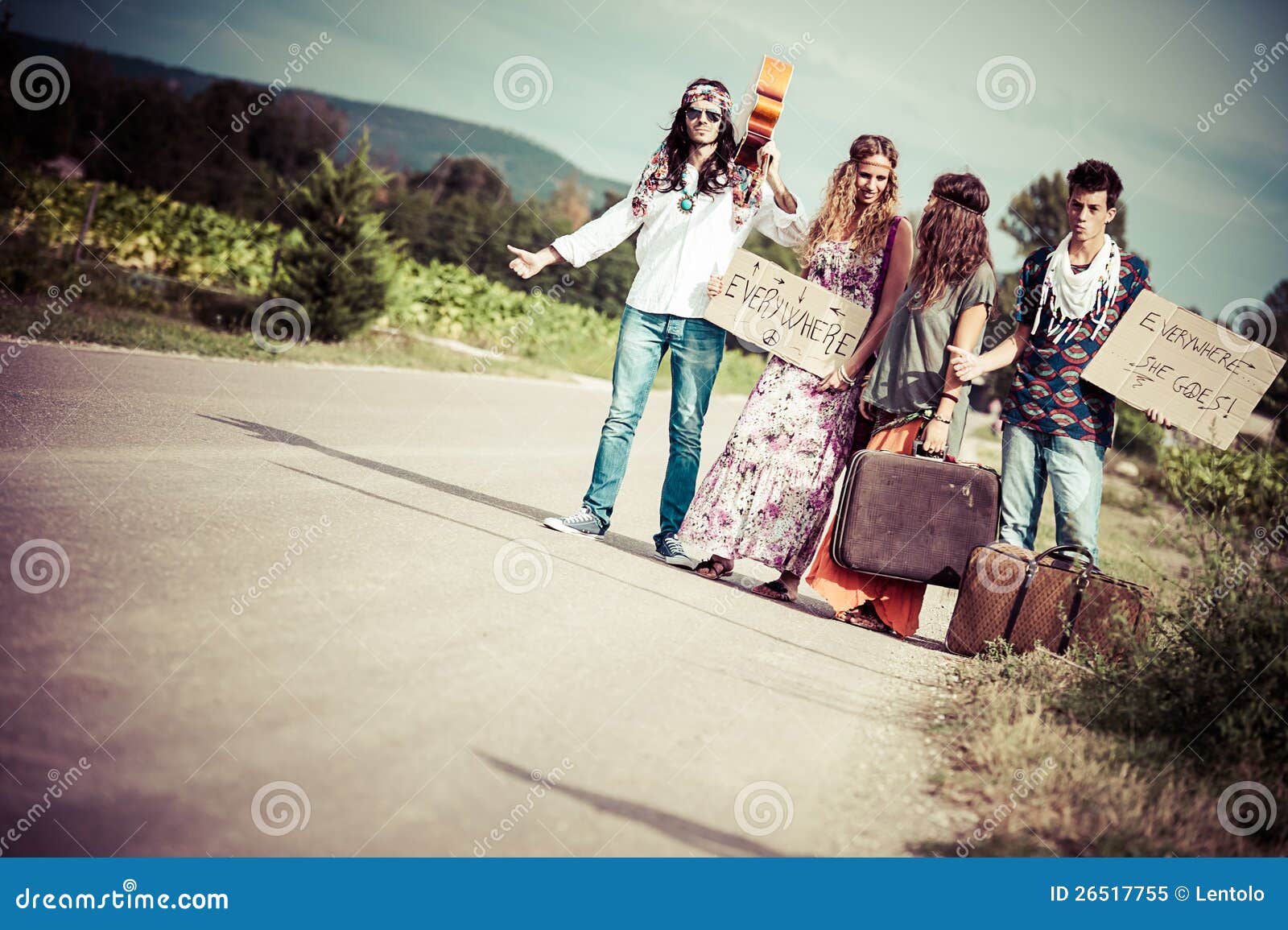 Hippie Group Hitchhiking on a Countryside Road Stock Image - Image of ...