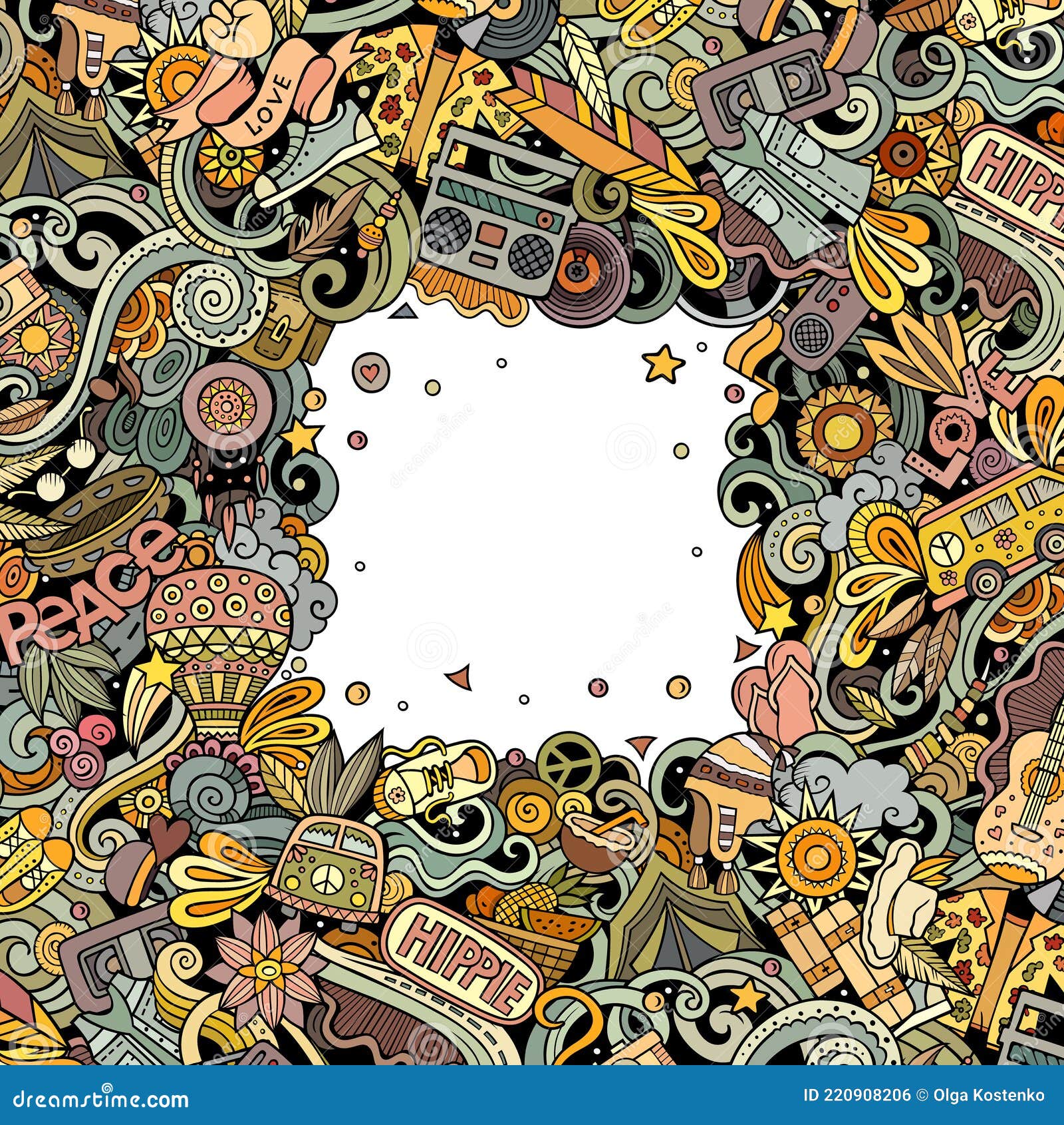 Hippie Hand Drawn Vector Doodles Illustration. Hippy Frame Card Design ...