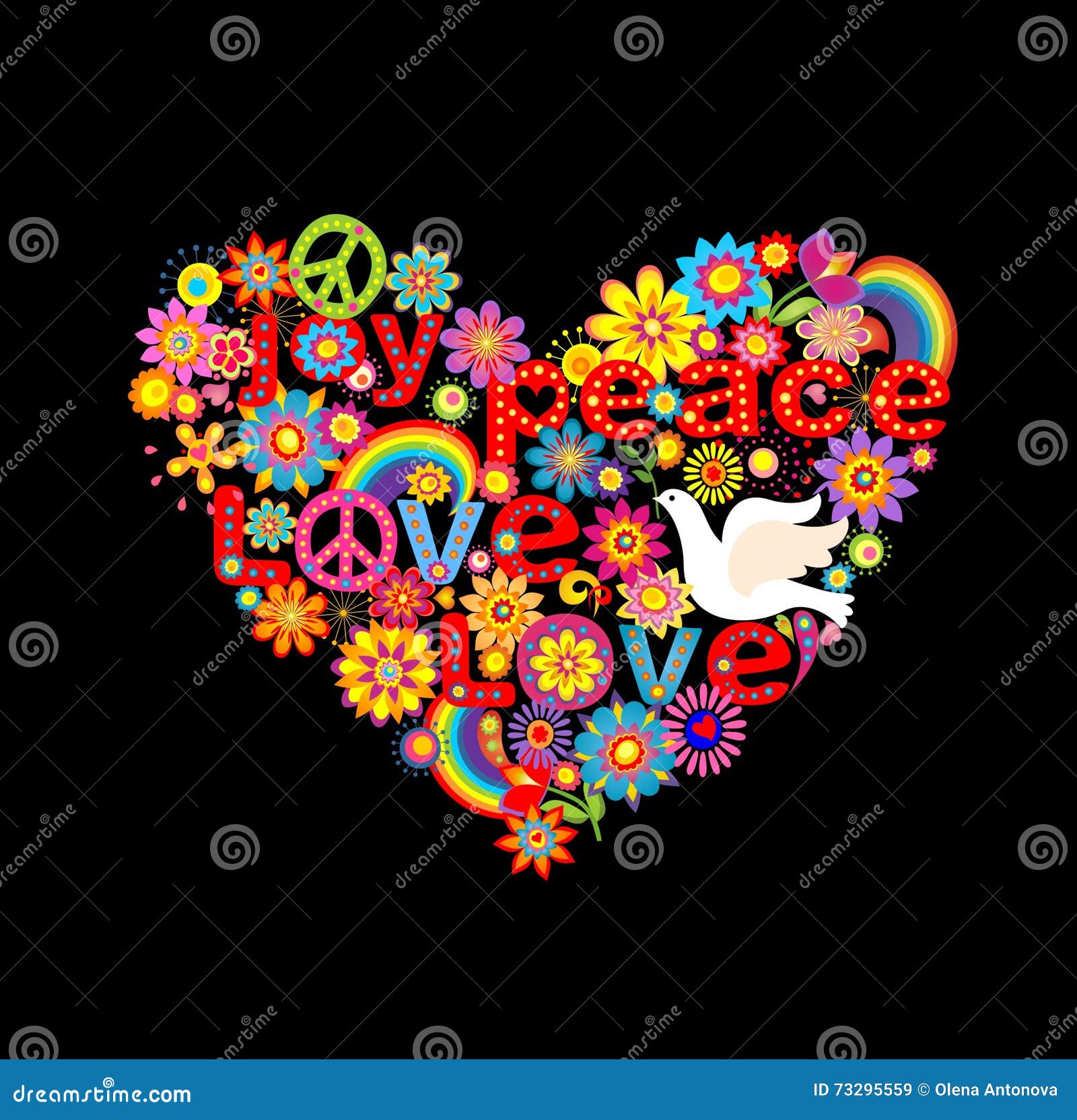 Hippie Heart Print with Doves and Rainbow Stock Vector - Illustration ...