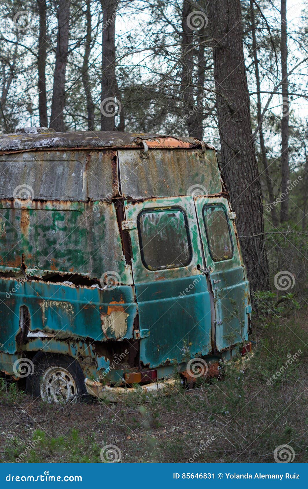 Hippie Old Van Abandoned in Forest Stock Image - Image of forest, scrap ...