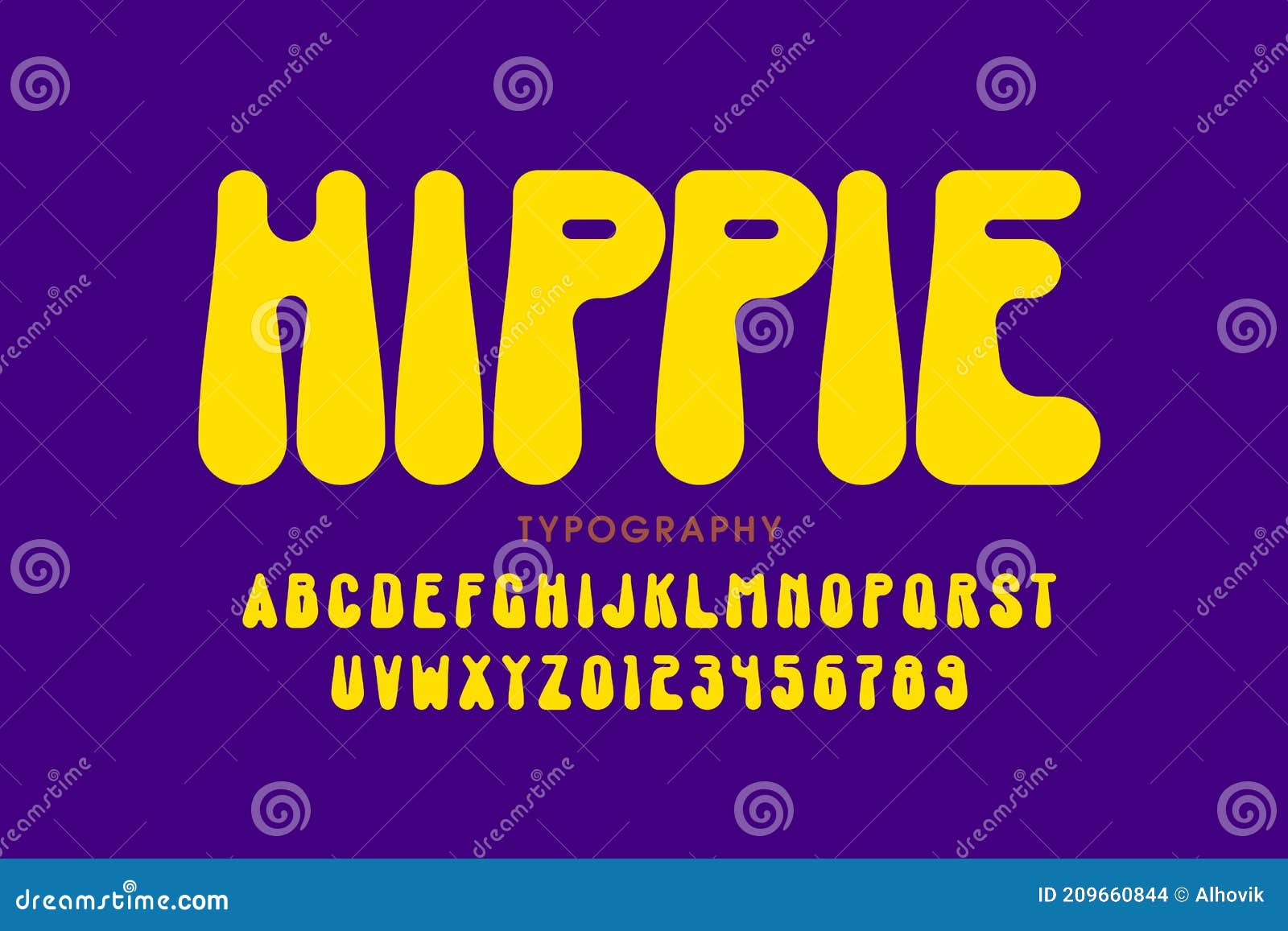 Hippie Style Wave Retro Font With Letters, Numbers And Signs. Vector ...