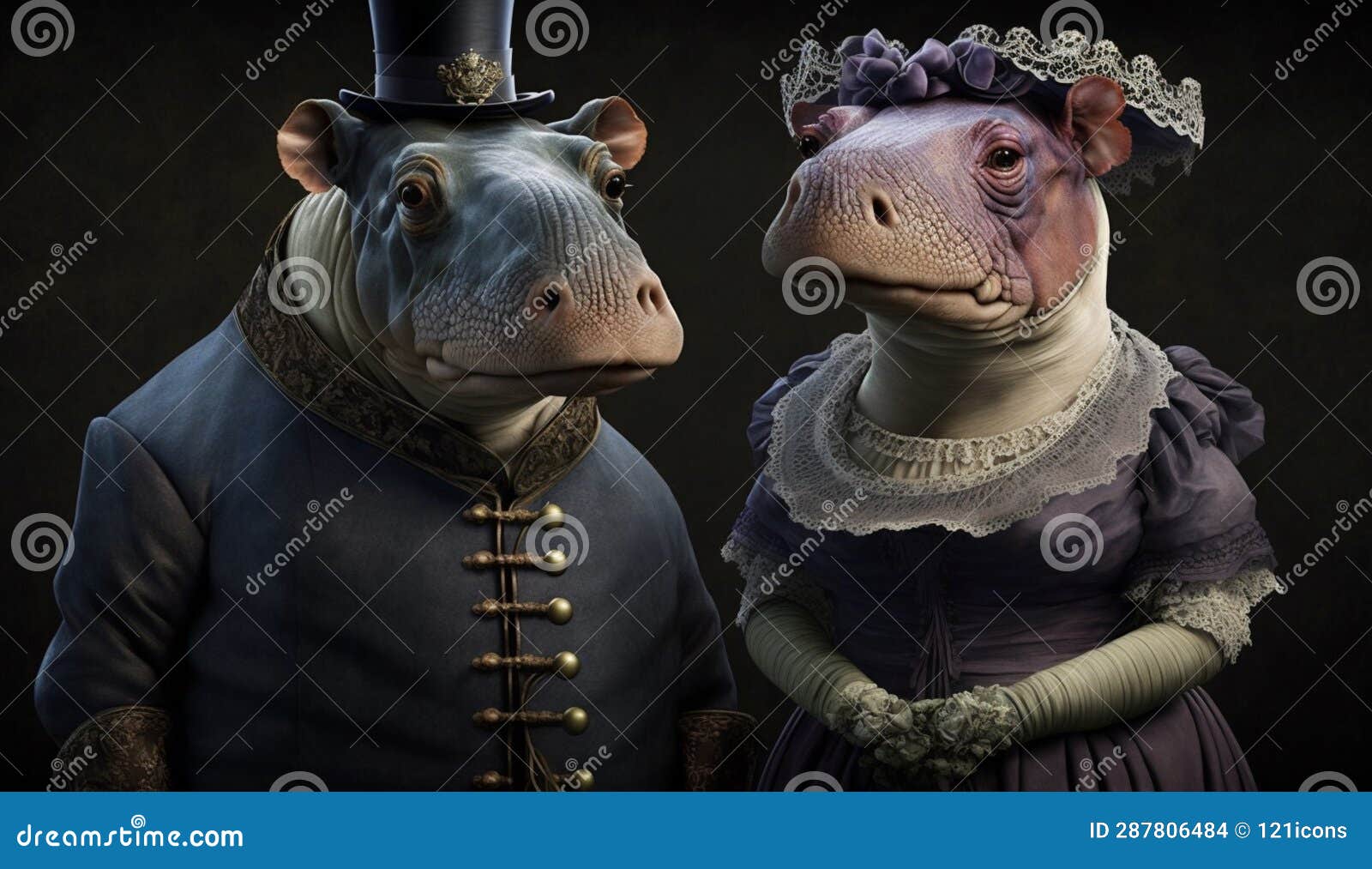 Hippo Animals Dressed in Victorian Era Clothing. Generative AI Stock ...