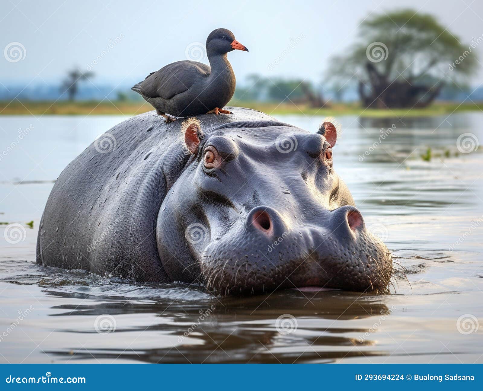 Hippo with bird stock illustration. Illustration of ziway - 293694224