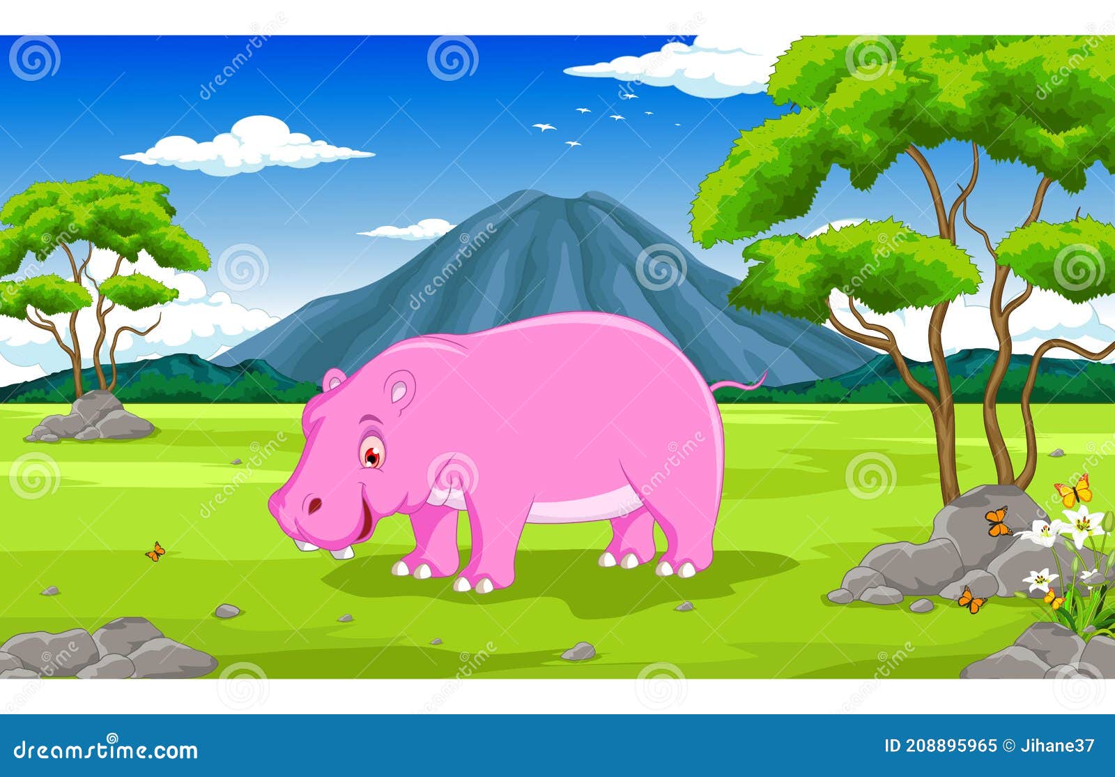 Hippo Cartoon with Landscape Background Stock Illustration ...