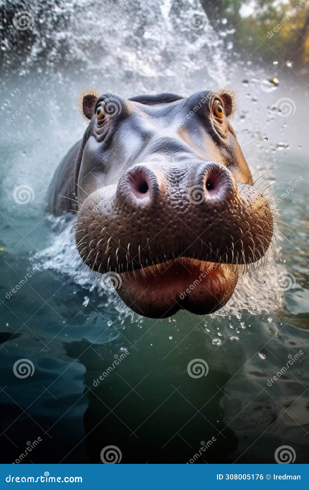 A Hippopotamus Emerges From The Water, Its Mouth Open In A Wide Yawn As ...