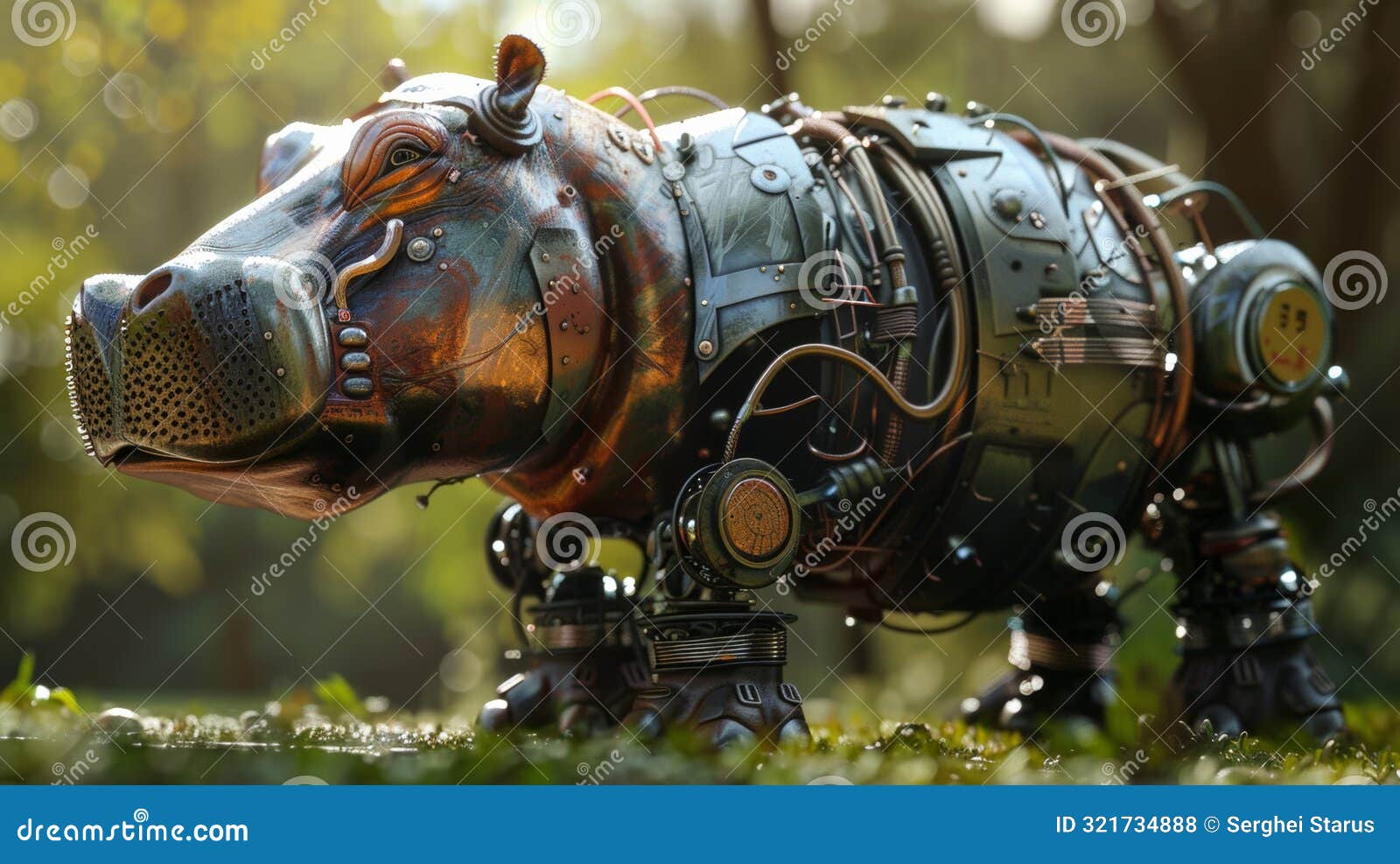 A Hippo Made of Metal and Gears Standing in the Grass, AI Stock Photo ...