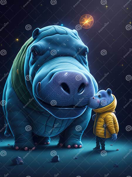 Hippo in Space with Little Boy Stock Illustration - Illustration of ...