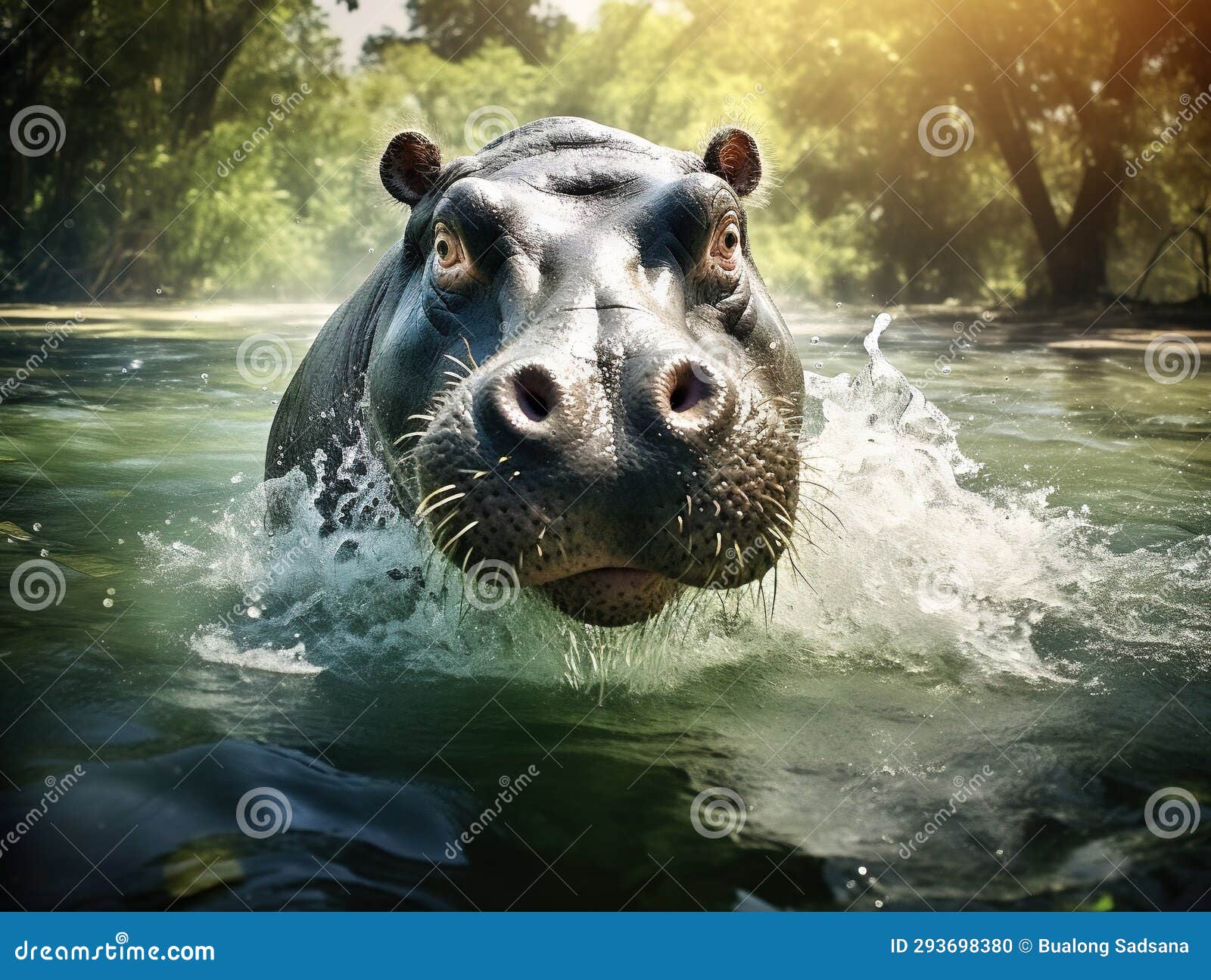 Hippo In Water. Big Fat Hippopotamus In Swamp. Cute Hippo Head Vector ...
