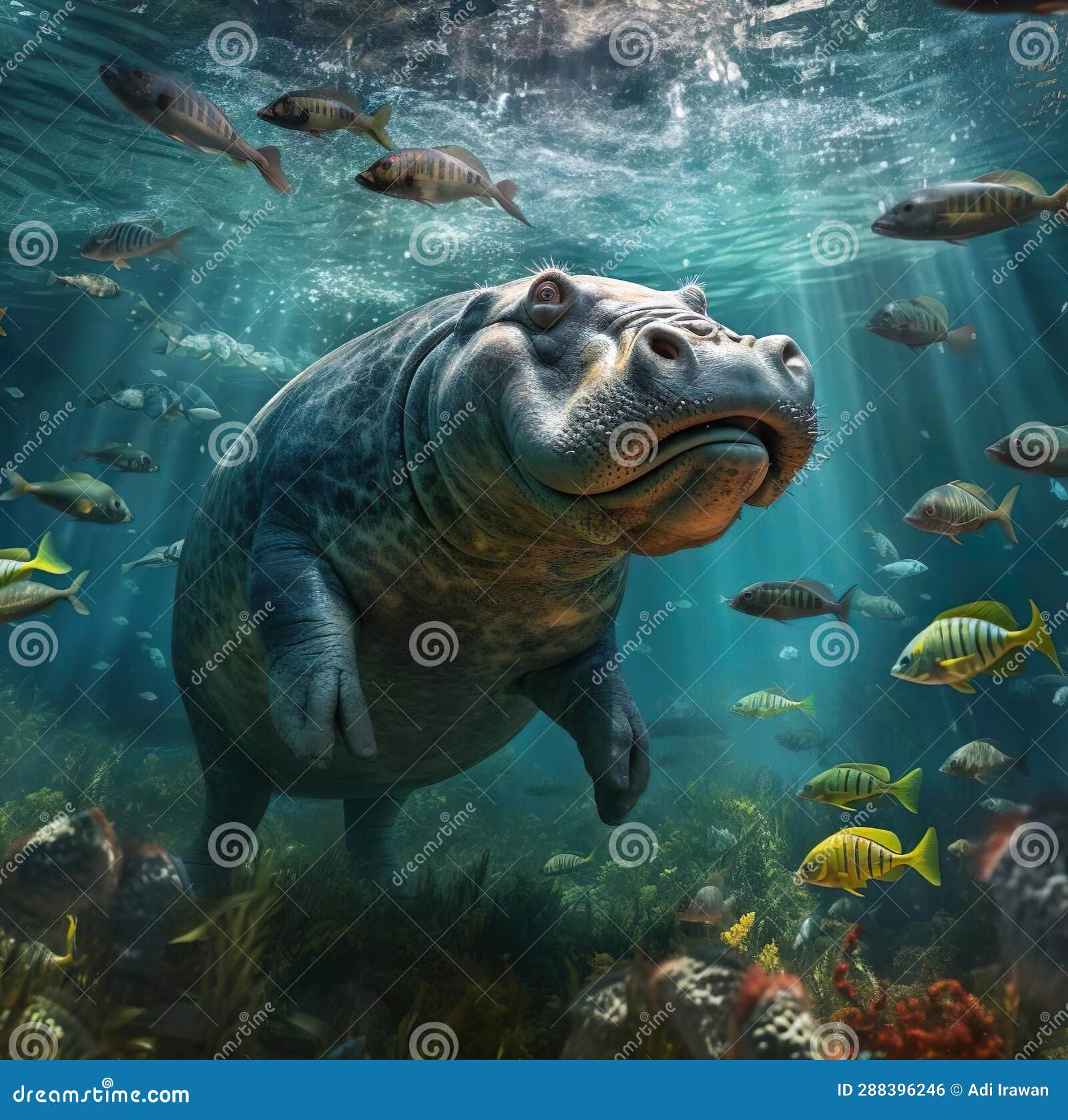 Hippopotamus Swimming with Small Fish Stock Illustration - Illustration ...