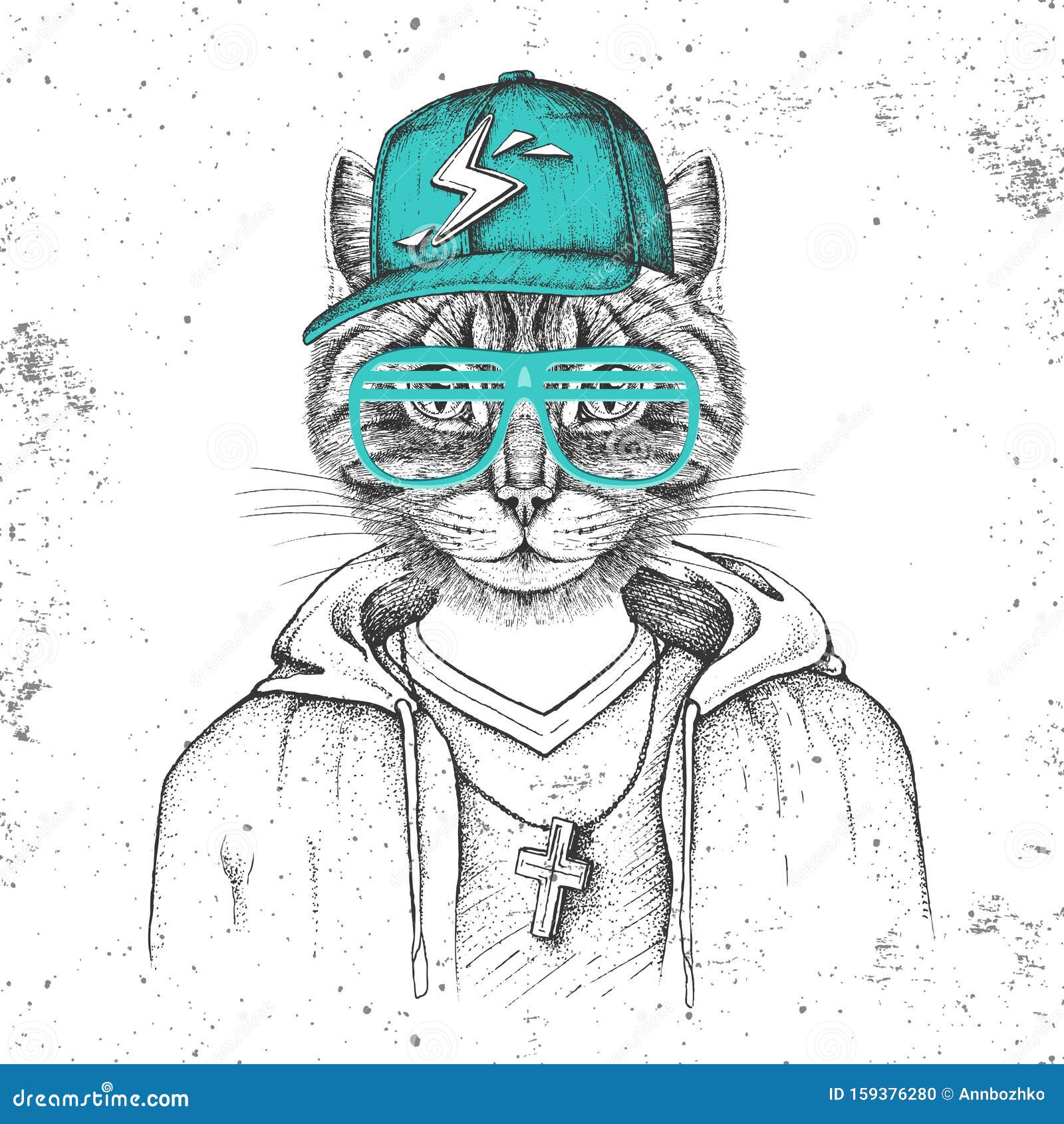 Hipster Animal Cat Dressed in Cap Like Rapper. Hand Drawing Muzzle of ...