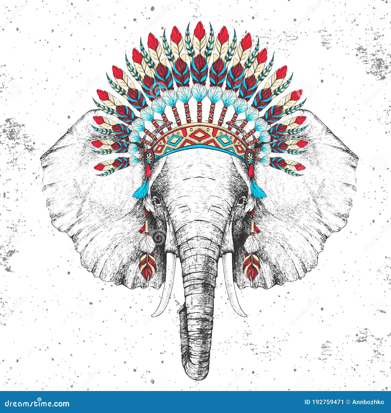 Hipster Animal Elephant with Indian Feather Headdress. Hand Drawing ...