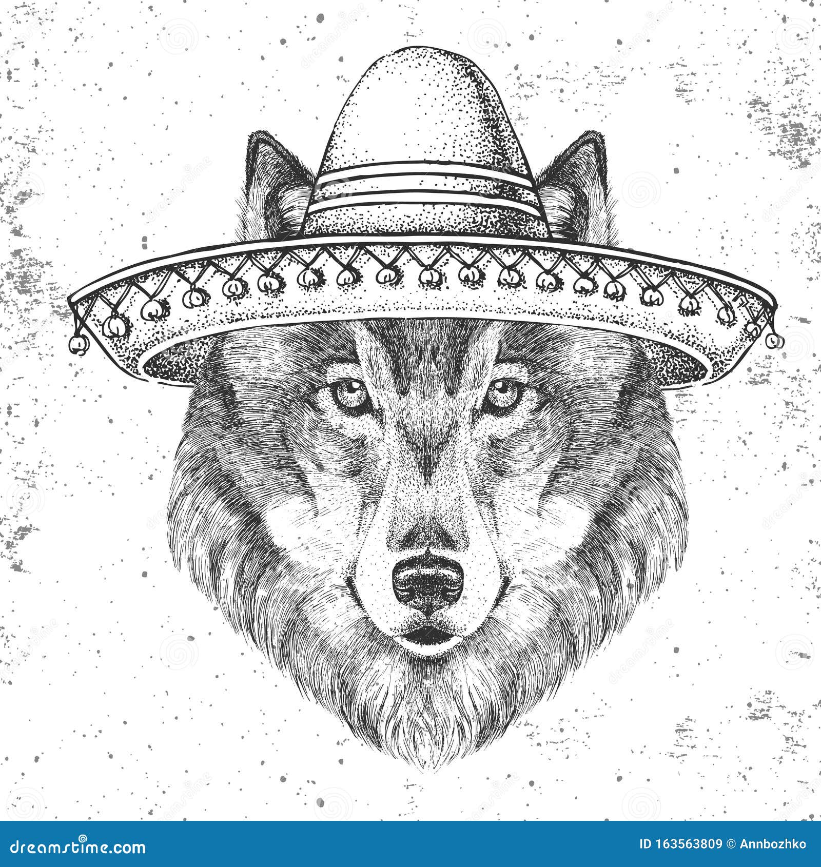 Hipster Animal Wolf Wearing a Sombrero Hat. Hand Drawing Muzzle of Wolf ...