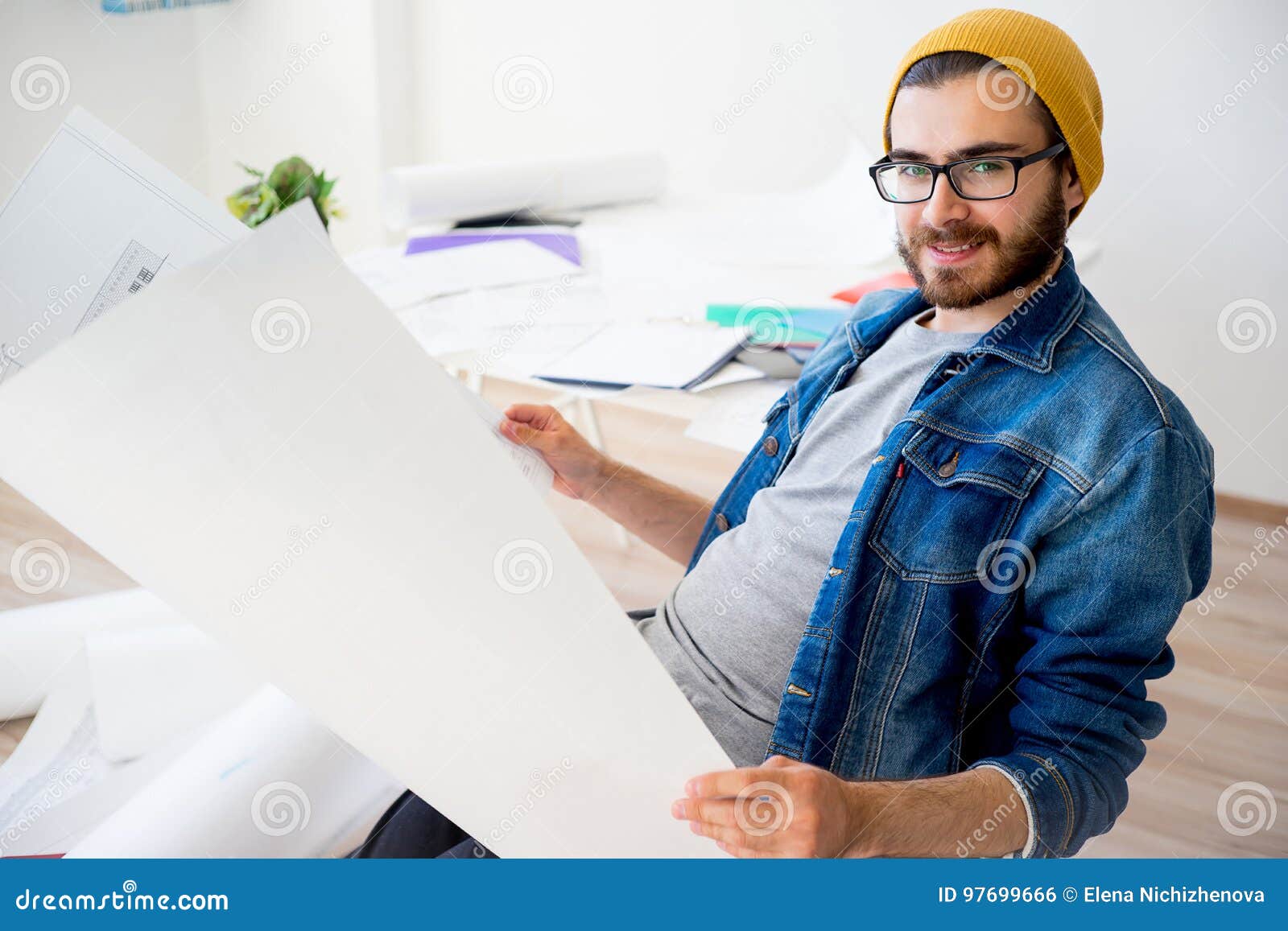 Hipster Architect Working with Construction Plans Stock Photo - Image ...