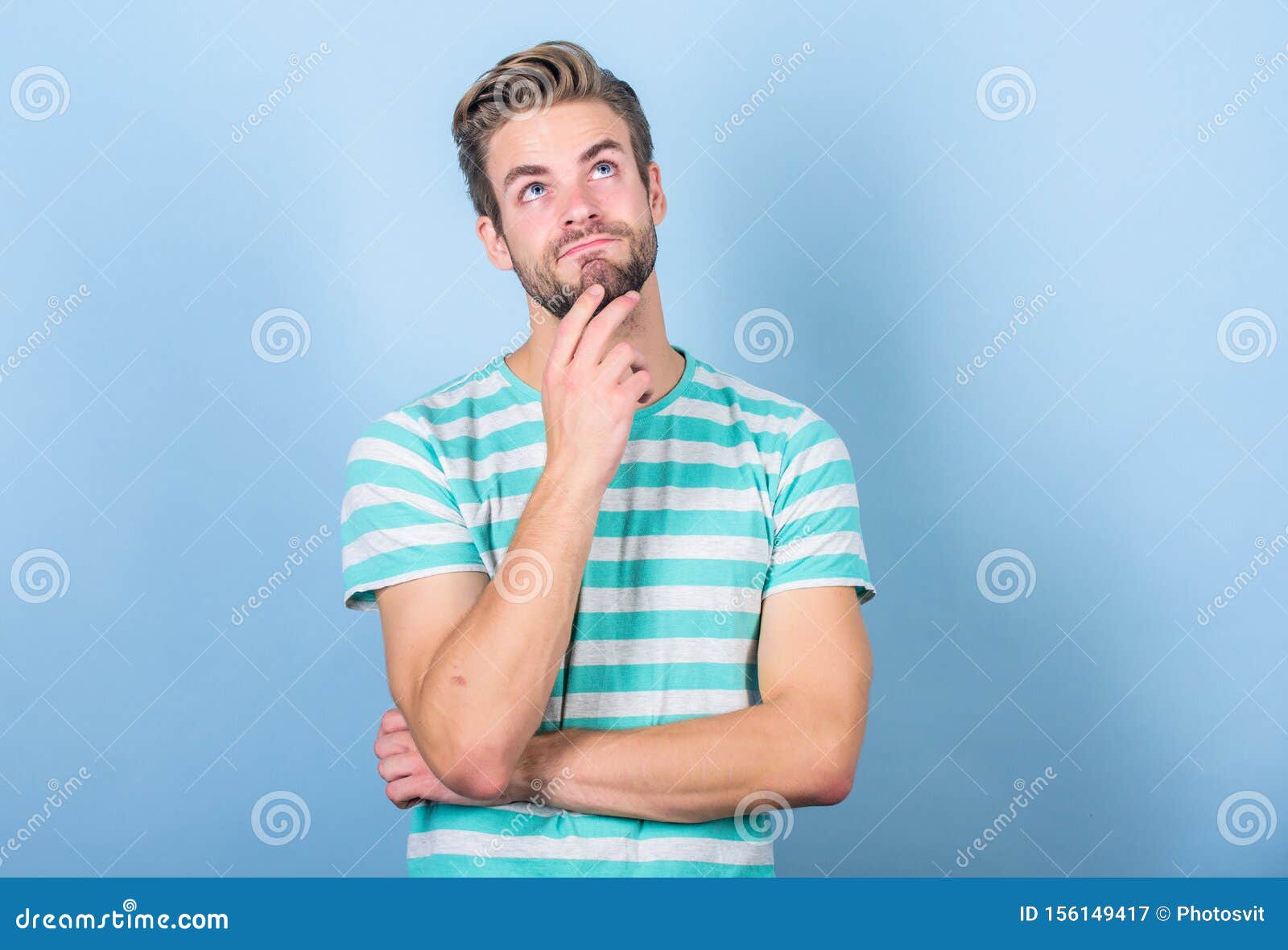 Hipster Bearded Face Not Sure in Something. Thoughtful Man on Blue ...