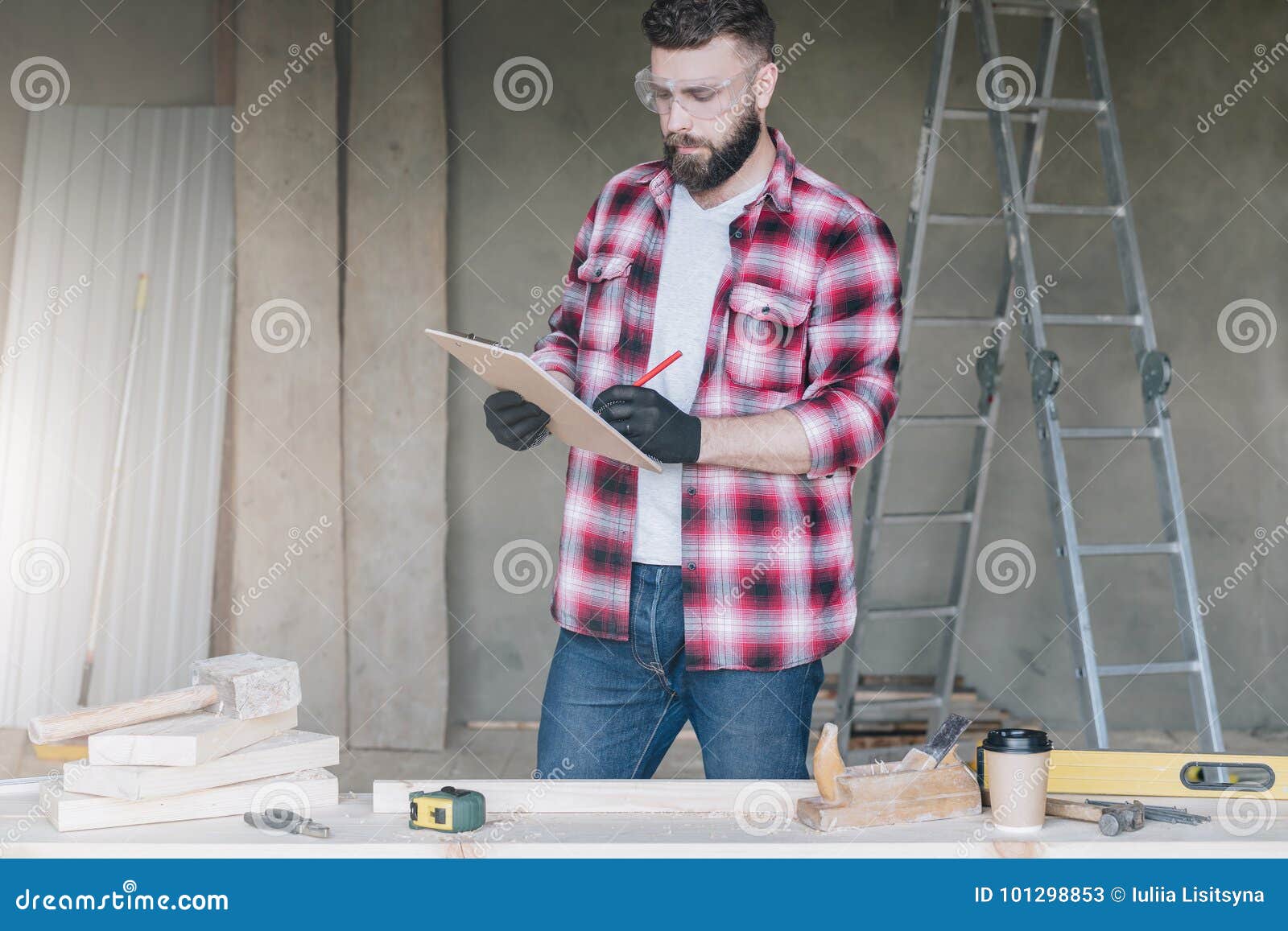 Hipster Bearded Man is Carpenter, Builder, Designer Stands in Wo Stock ...