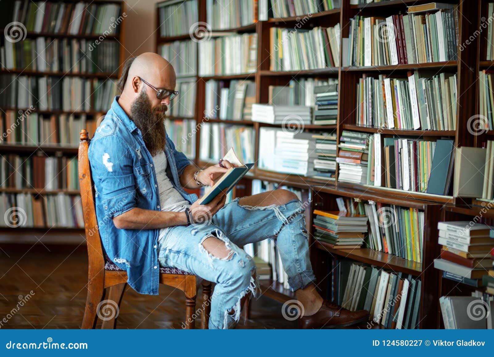 Hipster Bearded Student Studying in Library Stock Image - Image of ...