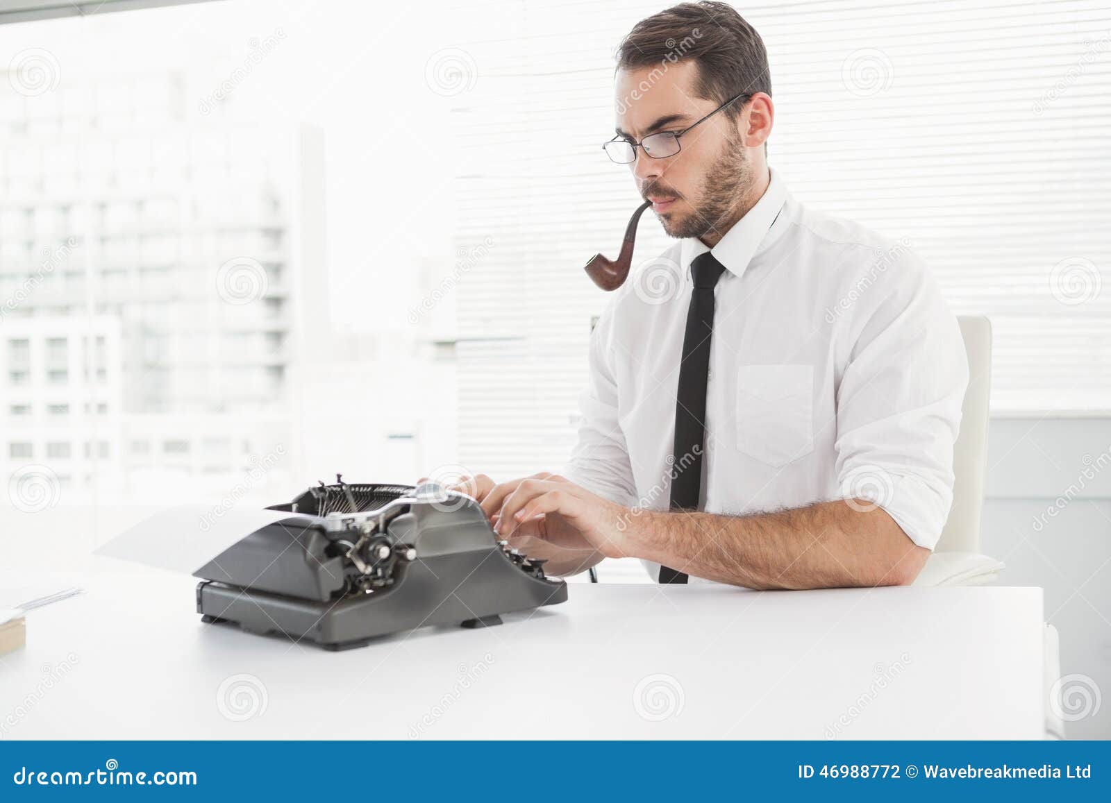 Hipster Businessman Using a Typewriter Smoking a Pipe Stock Photo ...