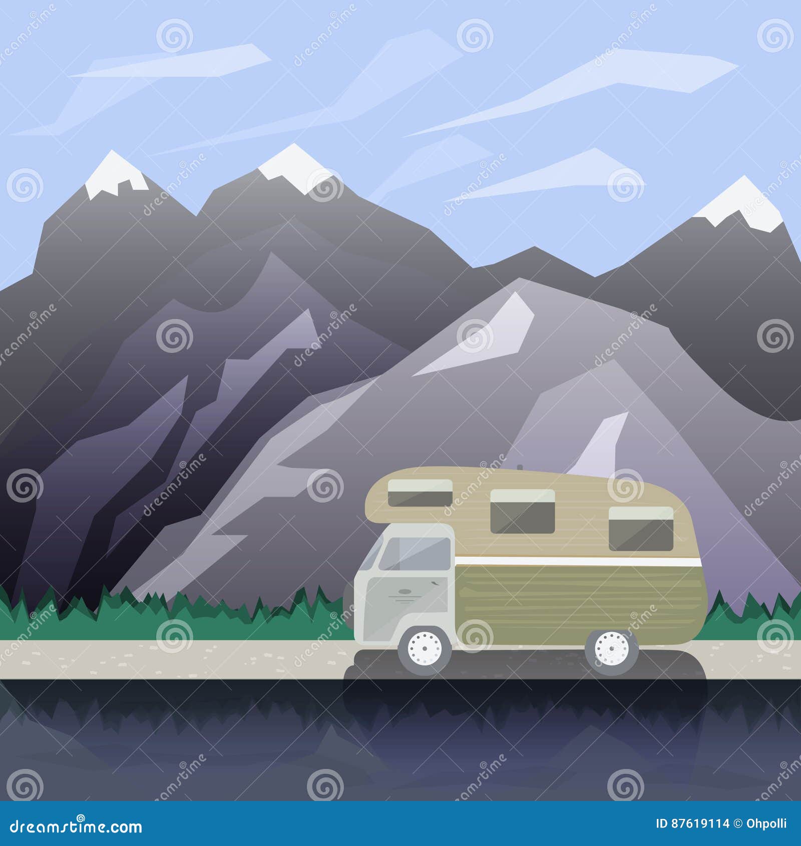 Hipster Camper Van Riding on Road. Landscape with a High Mountain Stock ...