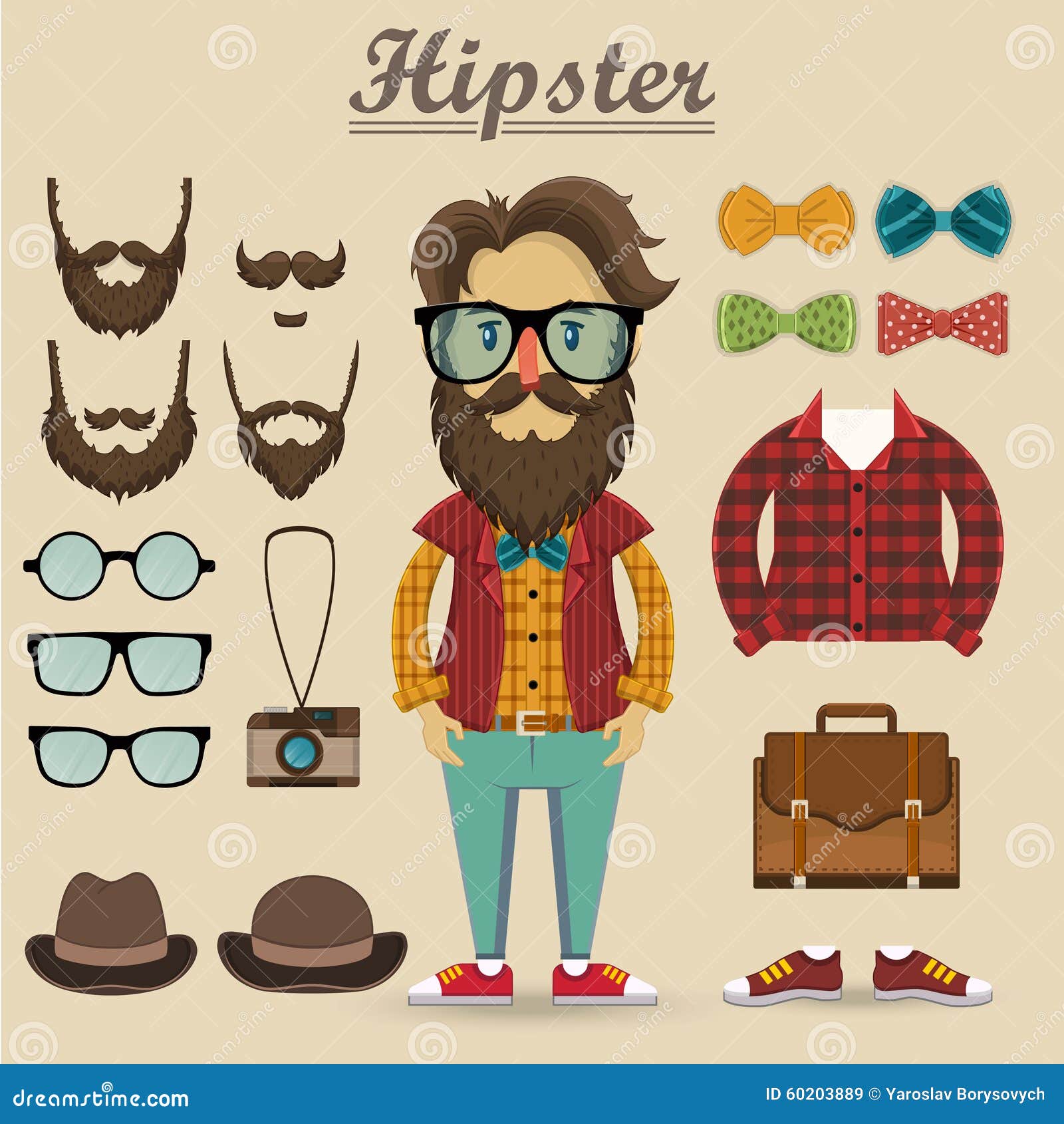 Hipster Character Poses Set, Young Bearded Hipster Man In Yellow Vest ...