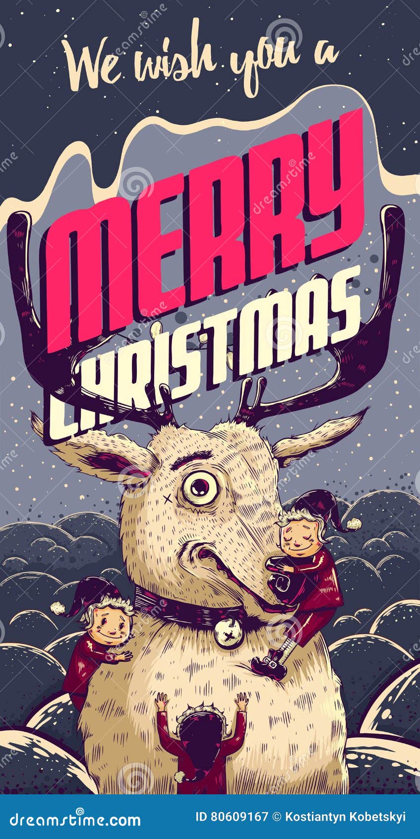 Hipster Christmas Card or Invitation Flyer with Deer and Elves Stock ...