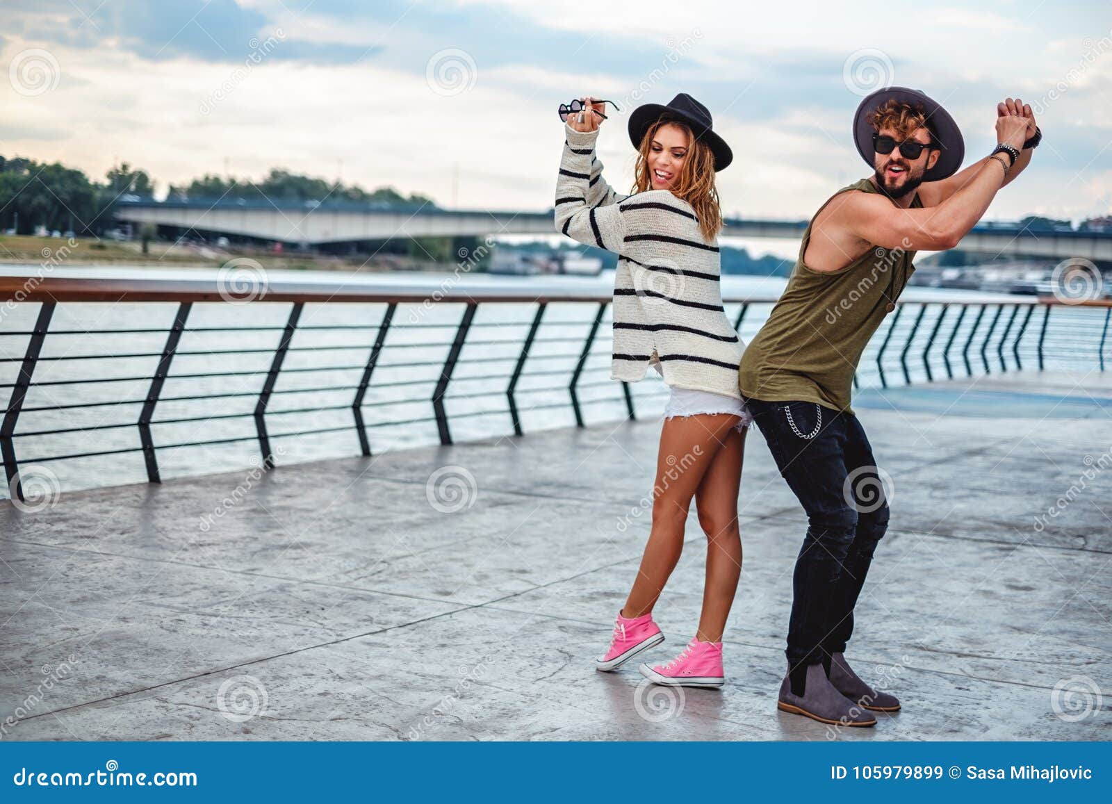 Hipster Couple Having Fun By The River Stock Image Image Of Beauty