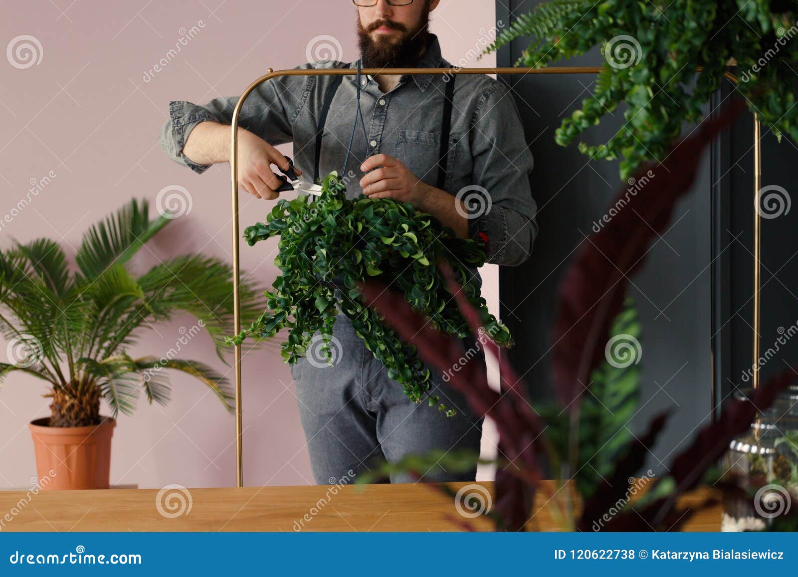 Man Hipster Cutting Beard. Barber Scissors And Straight Razor, Barber ... Man Hipster Cutting Beard. Barber Scissors And Straight Razor, Barber ...