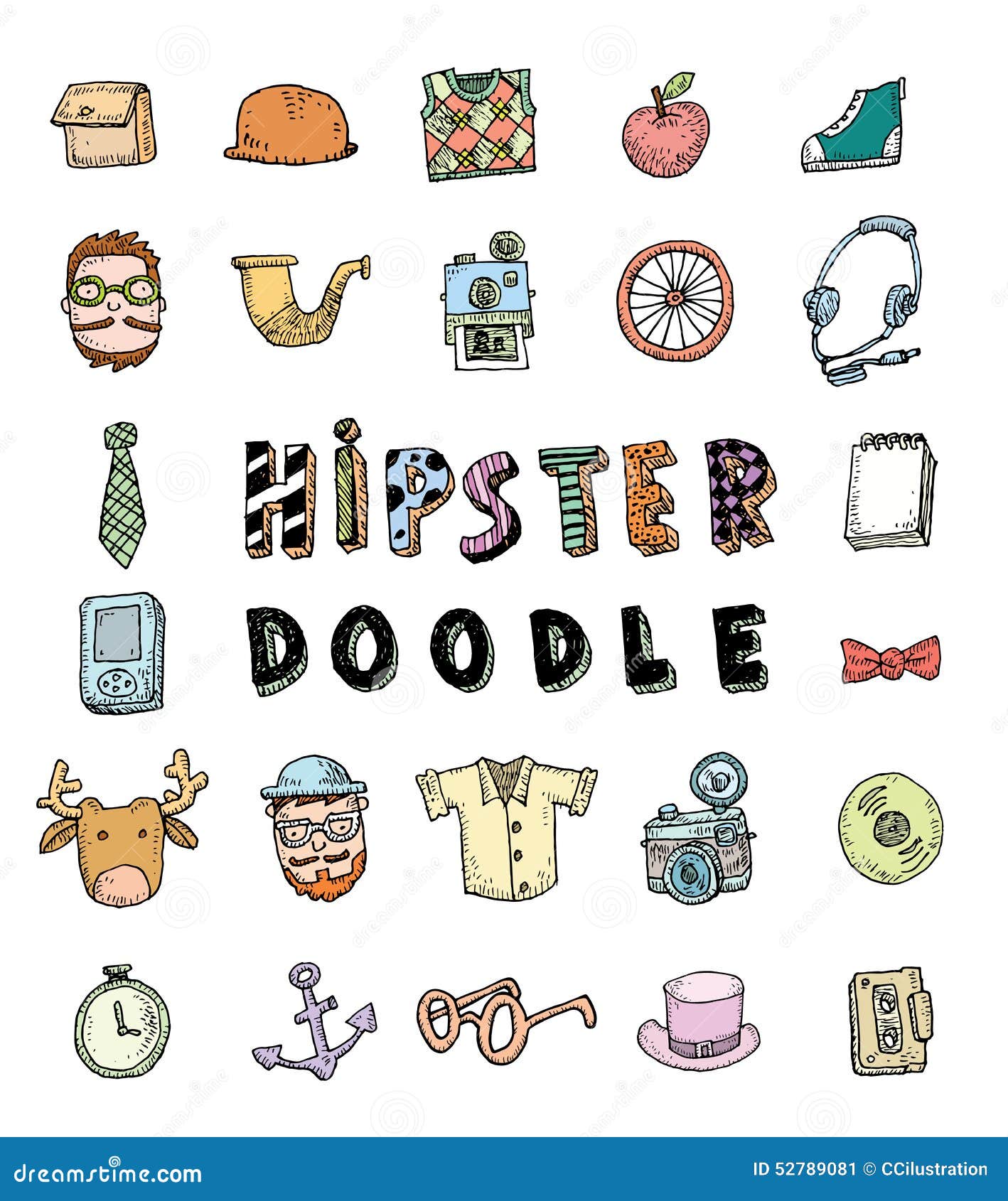 Hipster Doodle Set, Hand Drawn Illustration Stock Illustration ...
