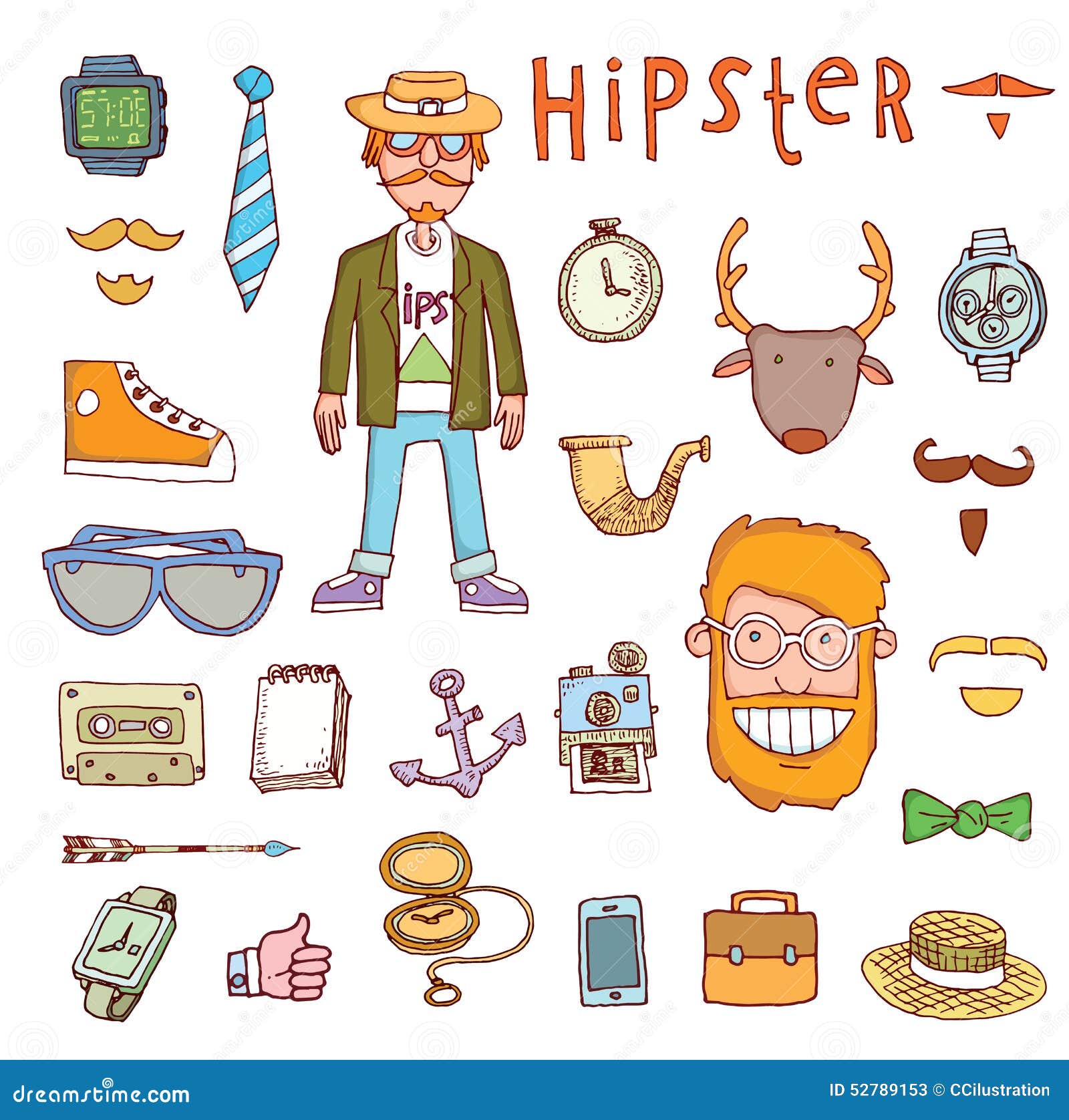 Hipster Doodle Set, Hand Drawn Illustration Stock Vector - Illustration ...