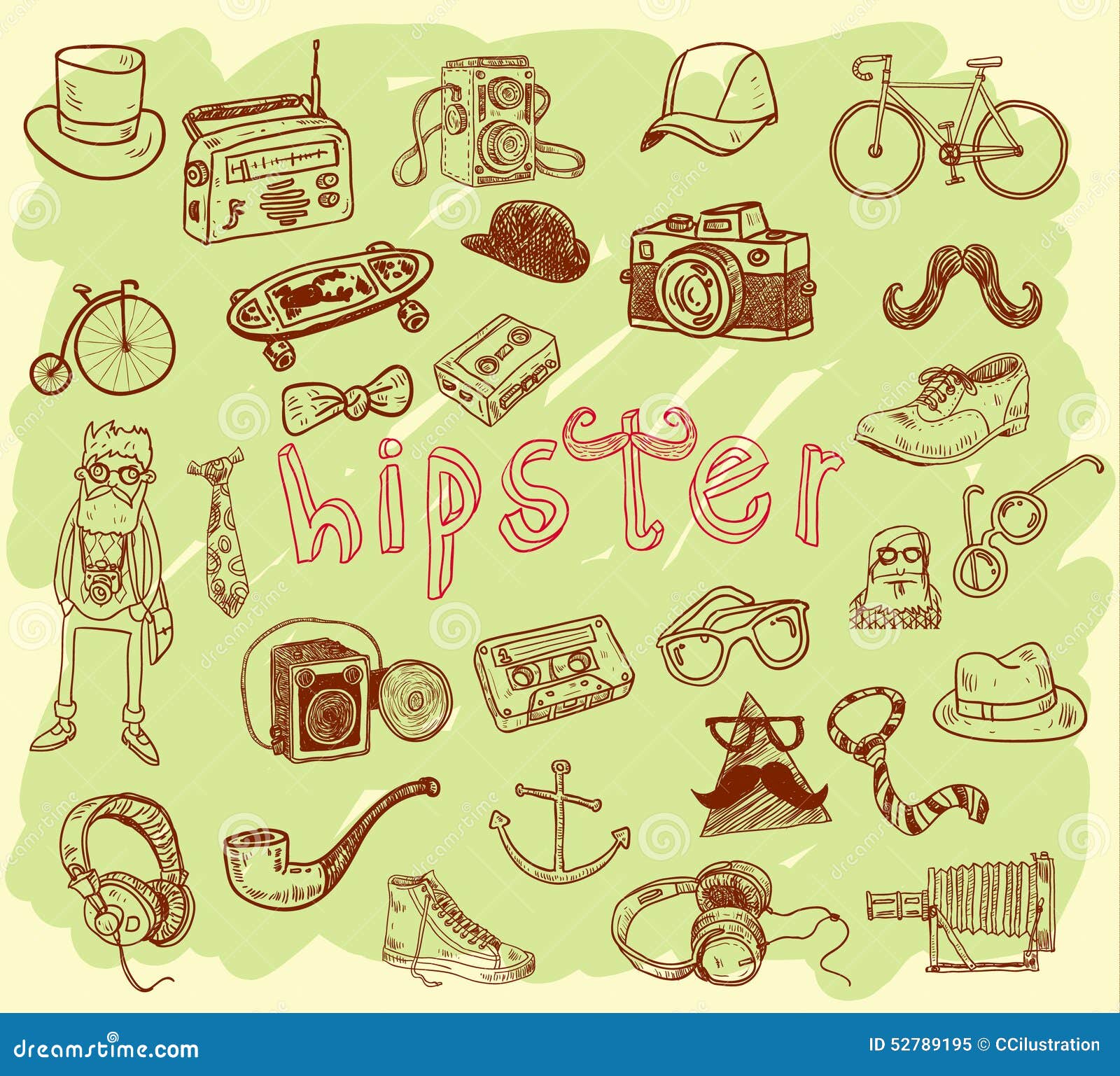 Hipster Doodle Set, Hand Drawn Illustration Stock Vector - Illustration ...