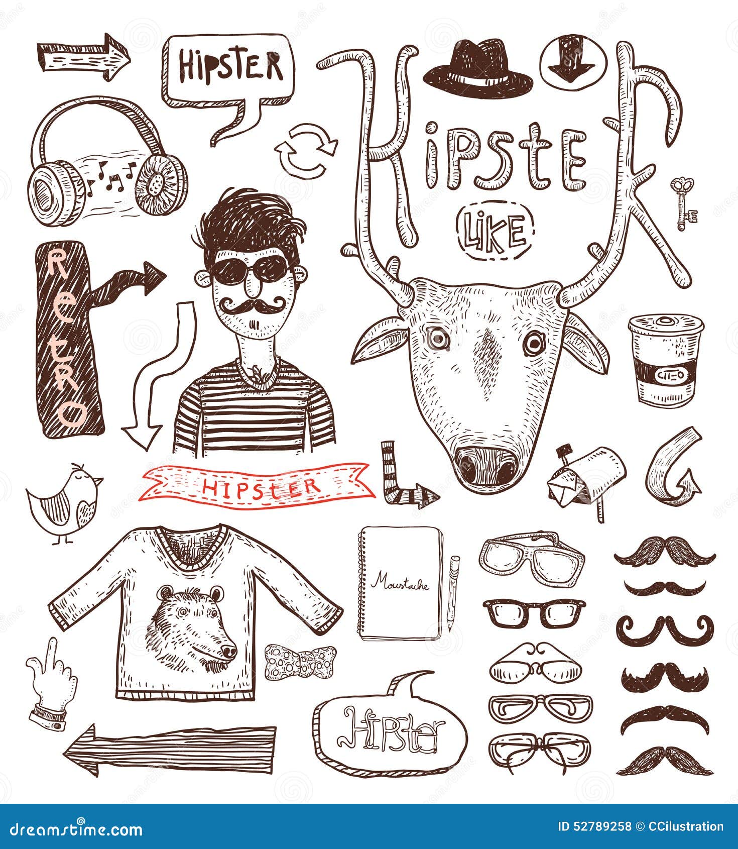 Hipster Doodle Set, Hand Drawn Illustration Stock Vector - Illustration ...
