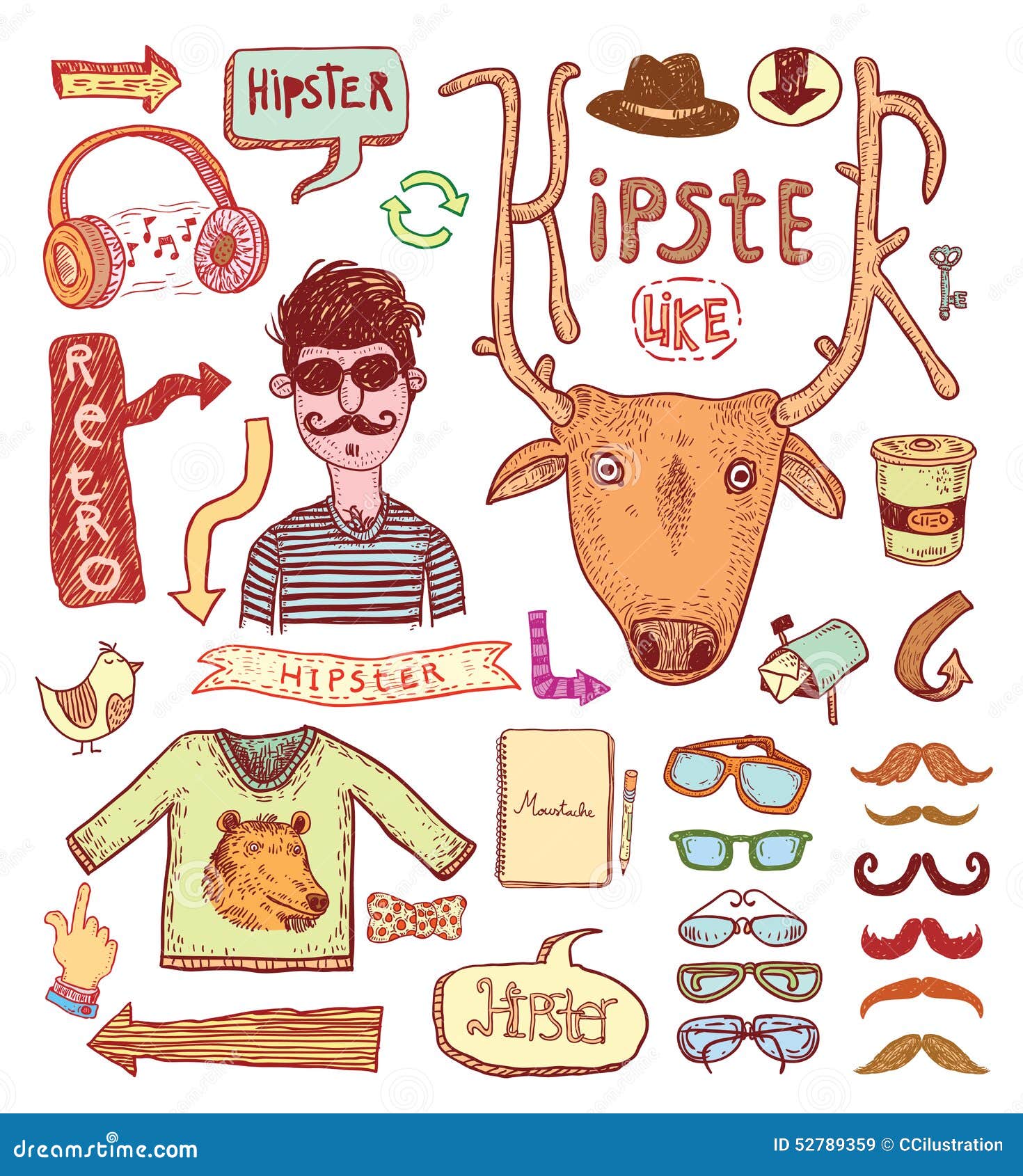 Hipster Doodle Set, Hand Drawn Illustration Stock Illustration ...