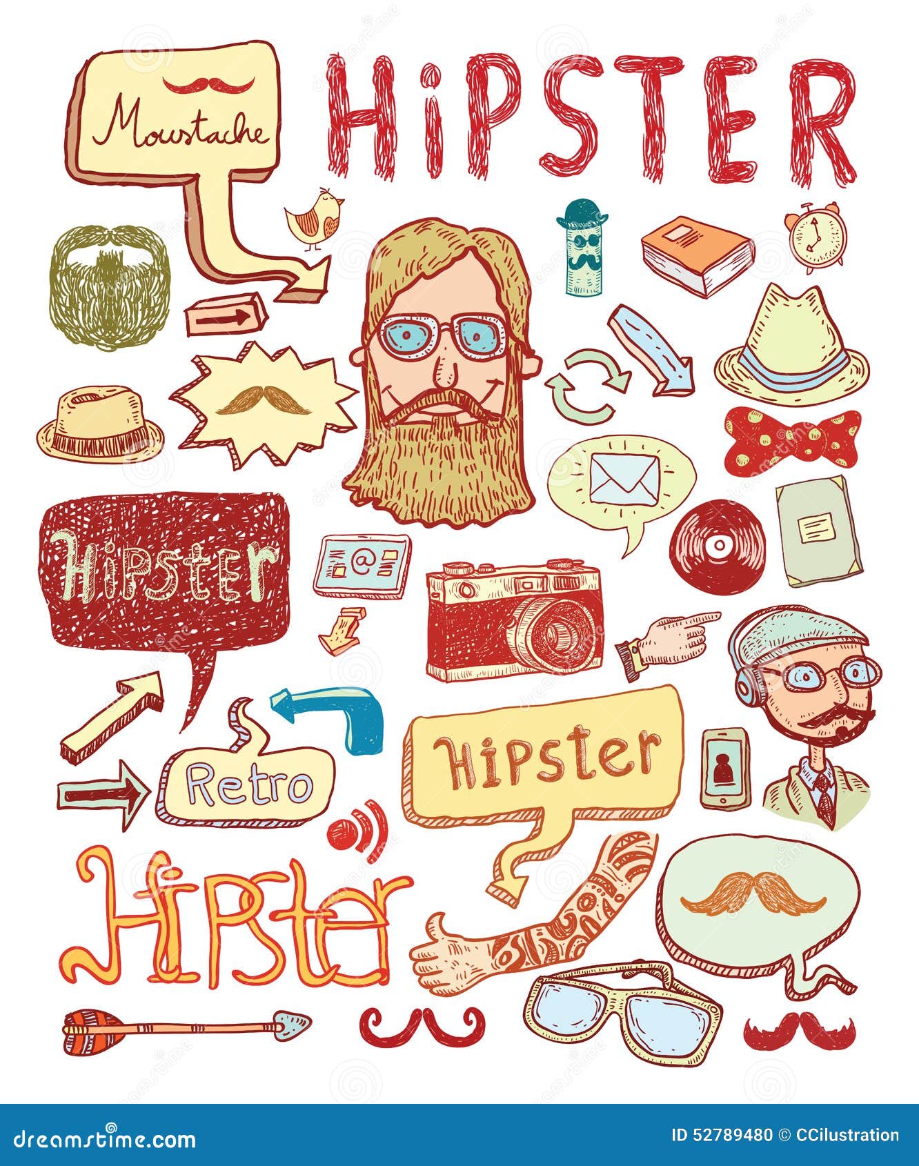 Hipster Doodle Set, Hand Drawn Illustration Stock Vector - Illustration ...