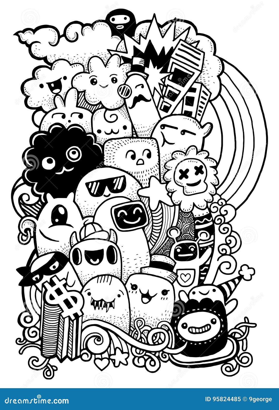 Hipster Hand Drawn Crazy Doodle Monster Group,drawing Style.Vector ...