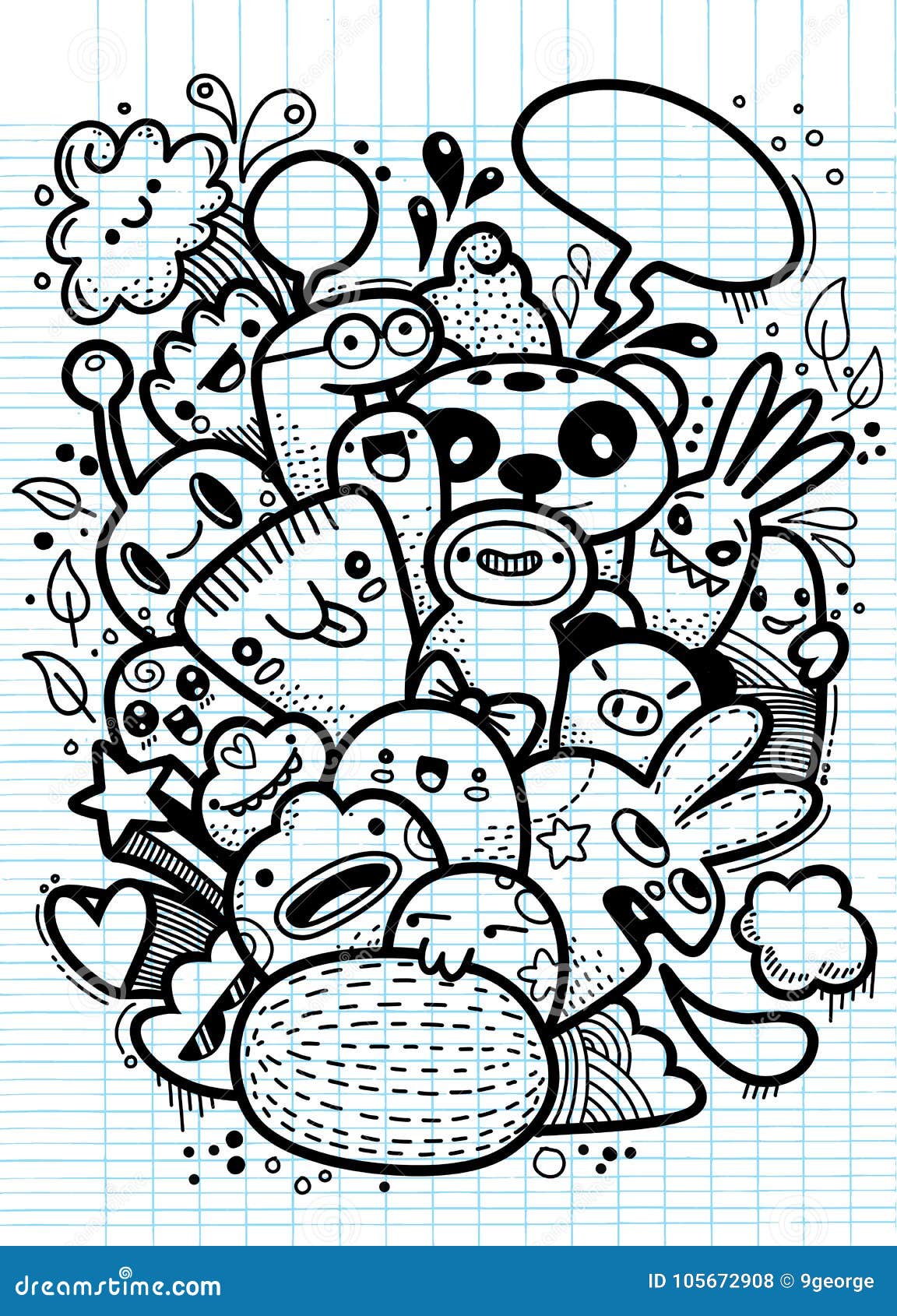 Hipster Hand Drawn Crazy Doodle Monster Group, Drawing Stock Vector ...